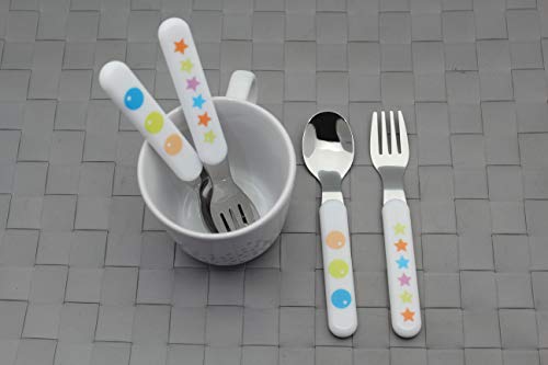 ANNOVA Kids Silverware 6 Pieces Stainless Steel Children's Flatware Set 3 x Forks, 3 x Dinner Spoons Plastic Handle, Toddler Utensils Without Knives, for Babies, Infants BPA Free - Dots Stars