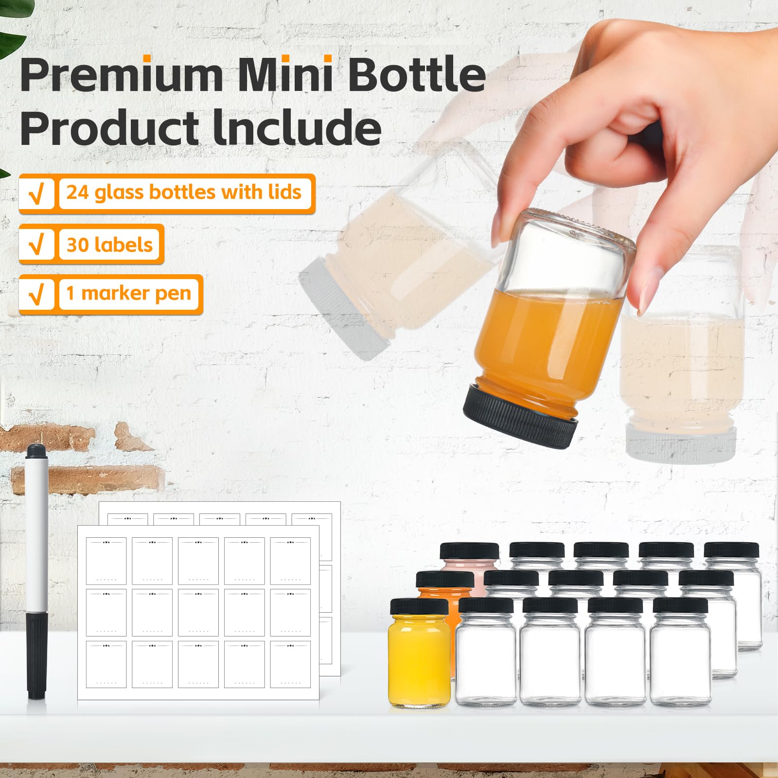 DIMBRAH Shot Bottles with Caps- 24pcs Ginger Shots Bottles,2 oz Glass Jars with Lids,Travel mini bottles with lids,Small Glass Bottles for Juice(with White Plastic Lid & 30 Blank Labels)