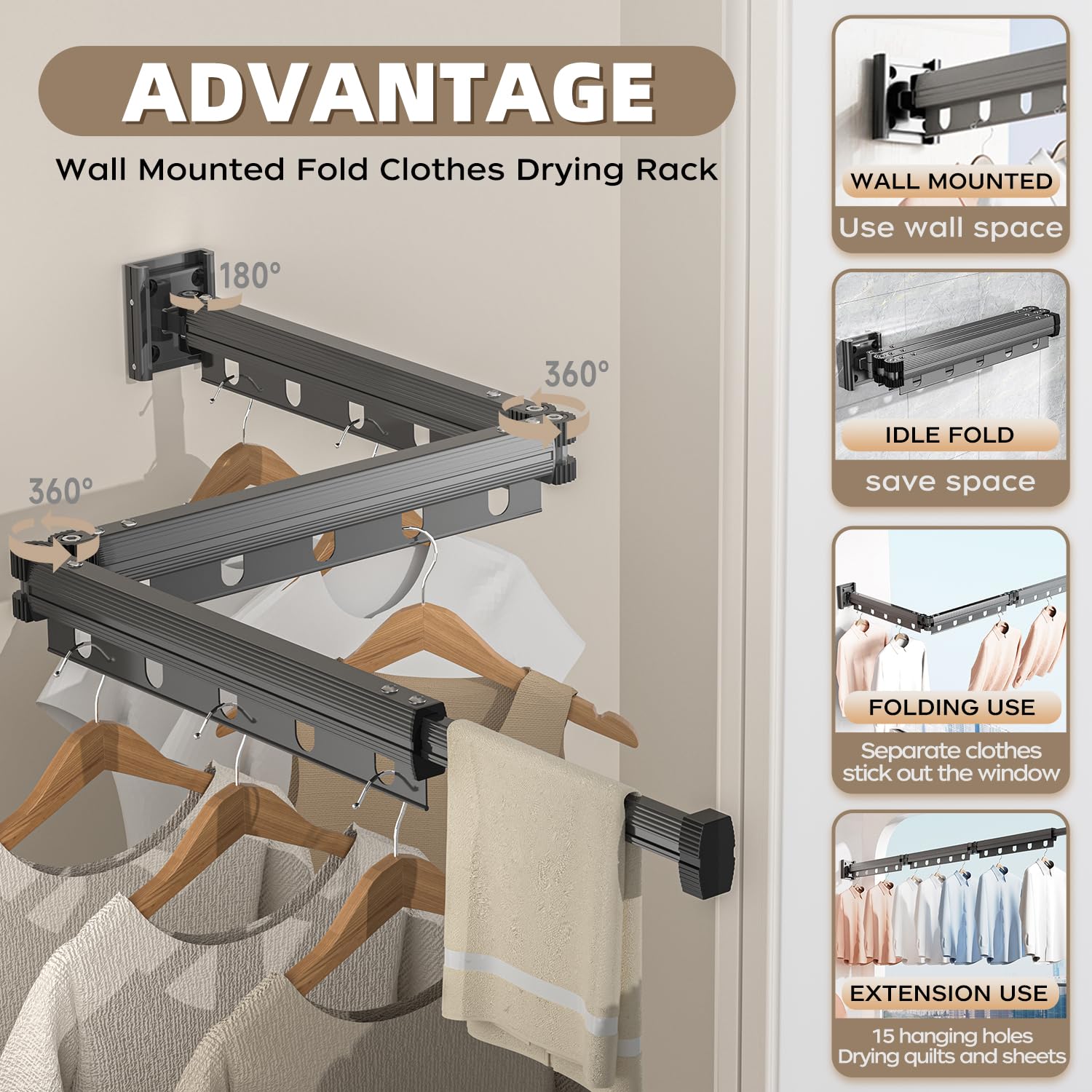 CRMCR Wall Mounted Space Saving 360° Folding Clothes Drying Rack, Retractable Collapsible Windproof Hanging Hole Laundry Rack, Suitable for Balcony, Laundry Rack【3-Fold-Grey】