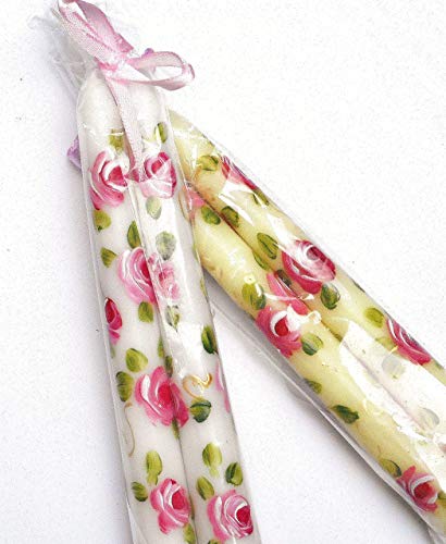 Decorated 8 Inch Tall Hand Painted Pink Rose Ivory or White Short Taper Candles Set Small Housewarming Gift for Women
