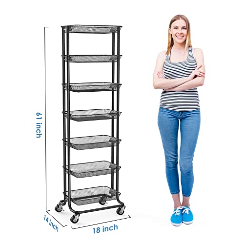 7 Tier Rolling Utility Carts, Mesh Storage Rack with Lockable Wheels, Rolling Storage Cart Kitchen Cart Multifunctional Rolling Shelf for Office, Bathroom, Kitchen, Kids' Room, Classroom (Black)