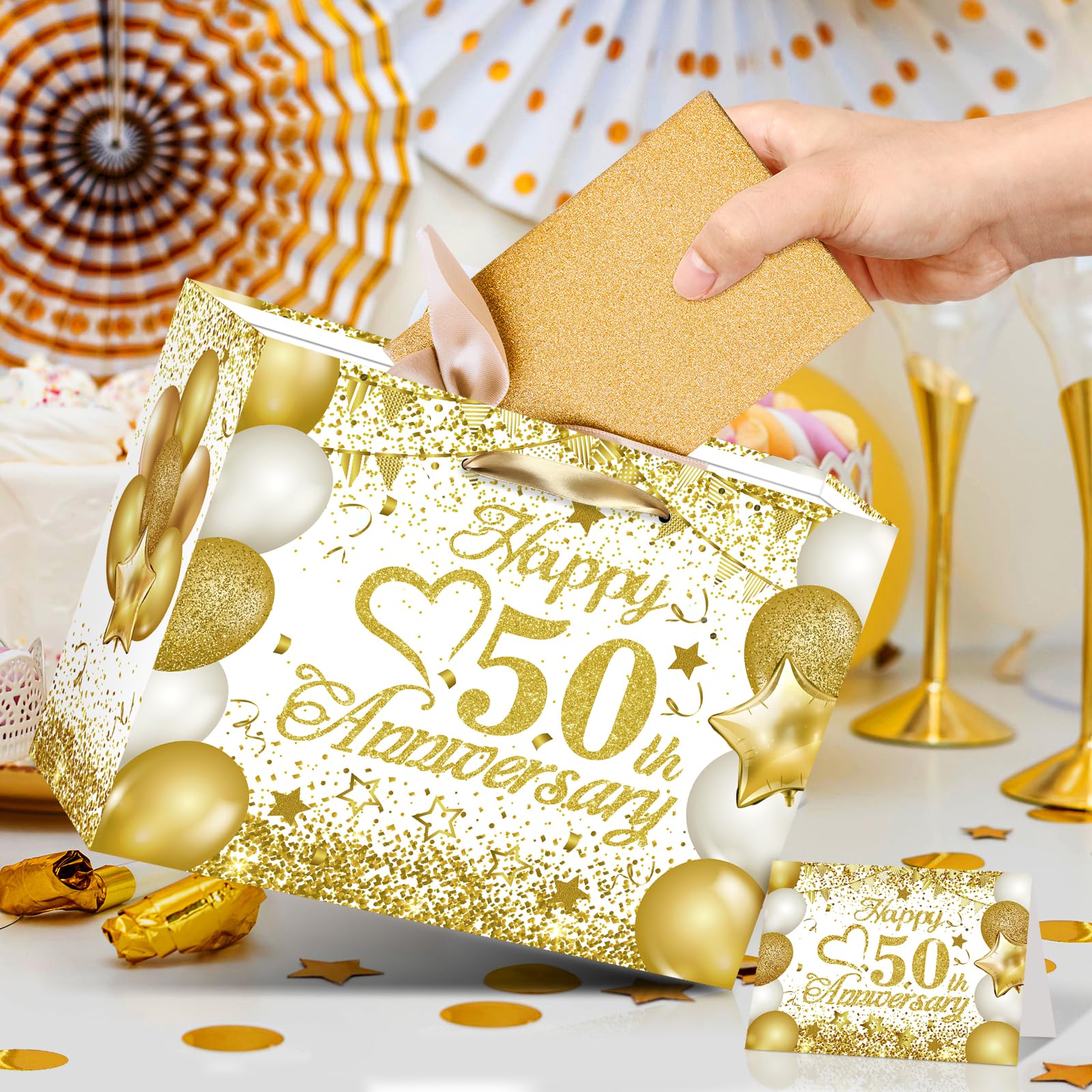 50th Anniversary Paper Gift Bag, White Gold 50th Anniversary Party Gift Bag with Tissue Papers Card 50th Wedding Anniversary Paper Gift Wrapping Bag 50th Golden Wedding Anniversary Christmas Decor