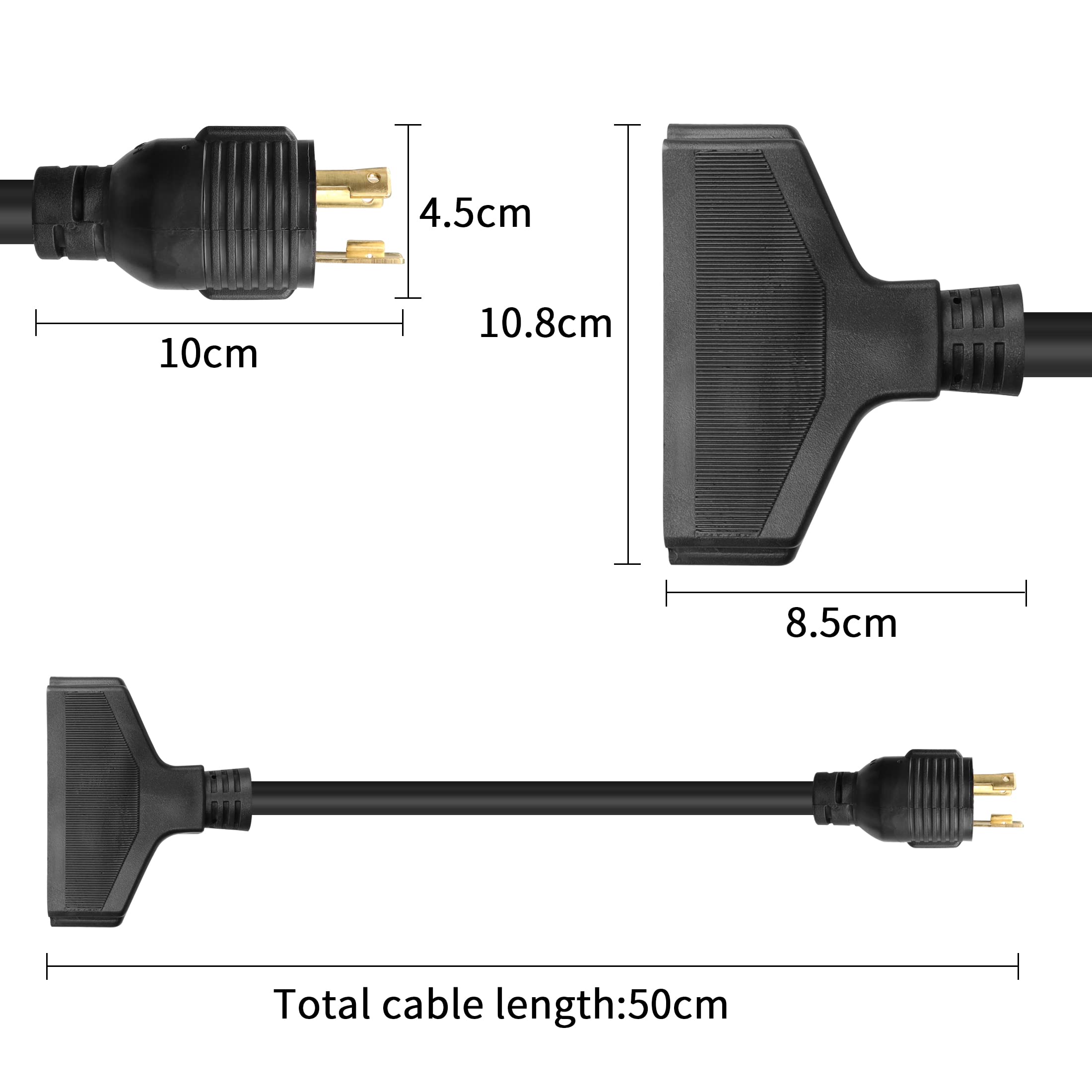 30Amp Generator Power Cord YACSEJAO 1.5FT 10AWG NEMA L5-30P to 3 Outlet 5-15R Female 30 Amp to 15 Amp Generator Adapter Cable with Twist Lock
