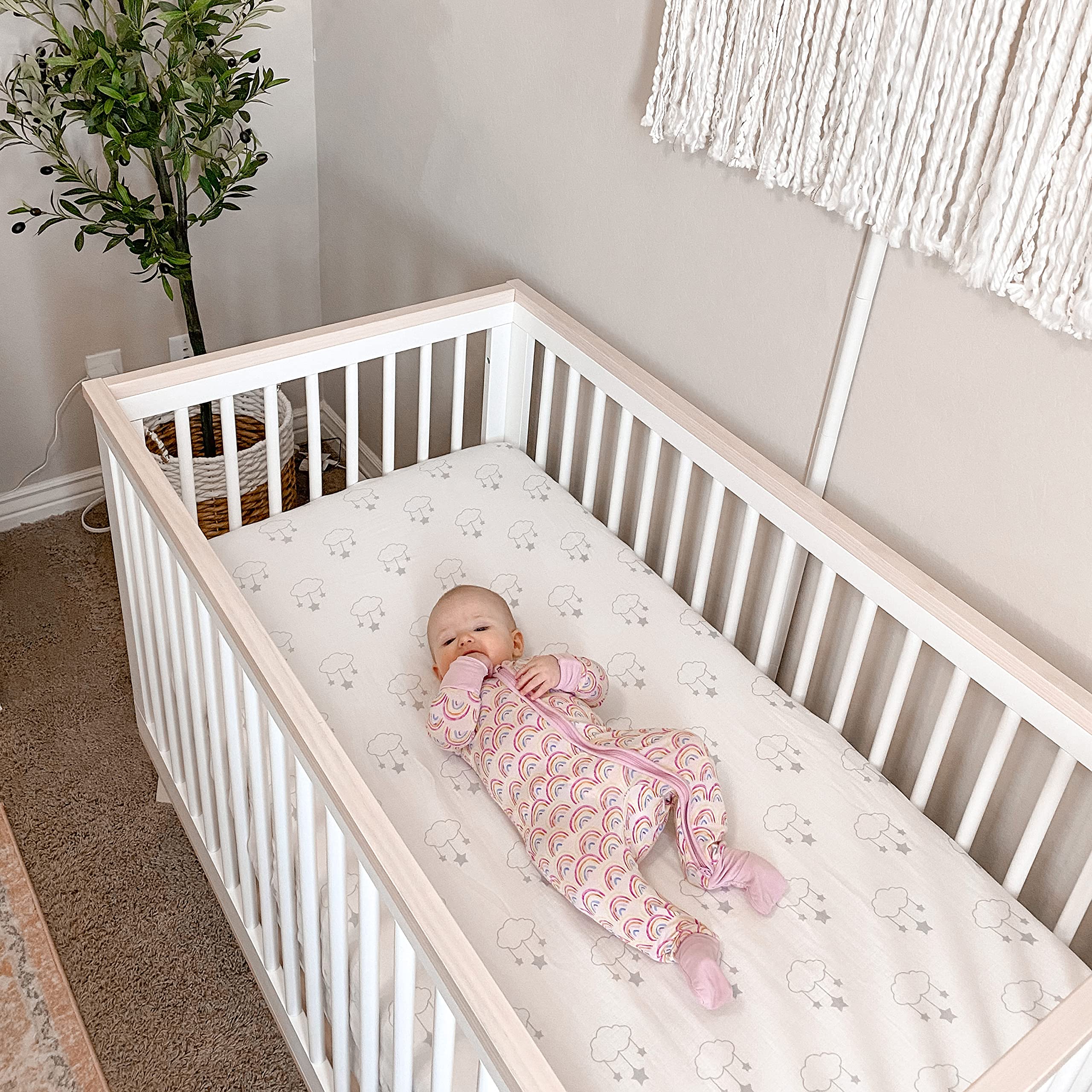 Newton Baby Mini Crib Fitted Sheets (2-Pack) | Organic Muslin Cotton, Breathable & Soft Baby Sheets, Washable Baby Mattress Sheets, Fits Any Mini Sized Crib 24" x 38", Wishing on a Star Print + White