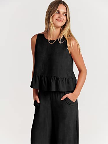ANRABESS Two Piece Outfits for Women Summer Vacation Sleeveless Linen Crop Tank Top Casual Matching Lounge Sets Comfy Tracksuits Long Pants Jumpsuits 2023 Cute Going Out Clothes 817heise-M