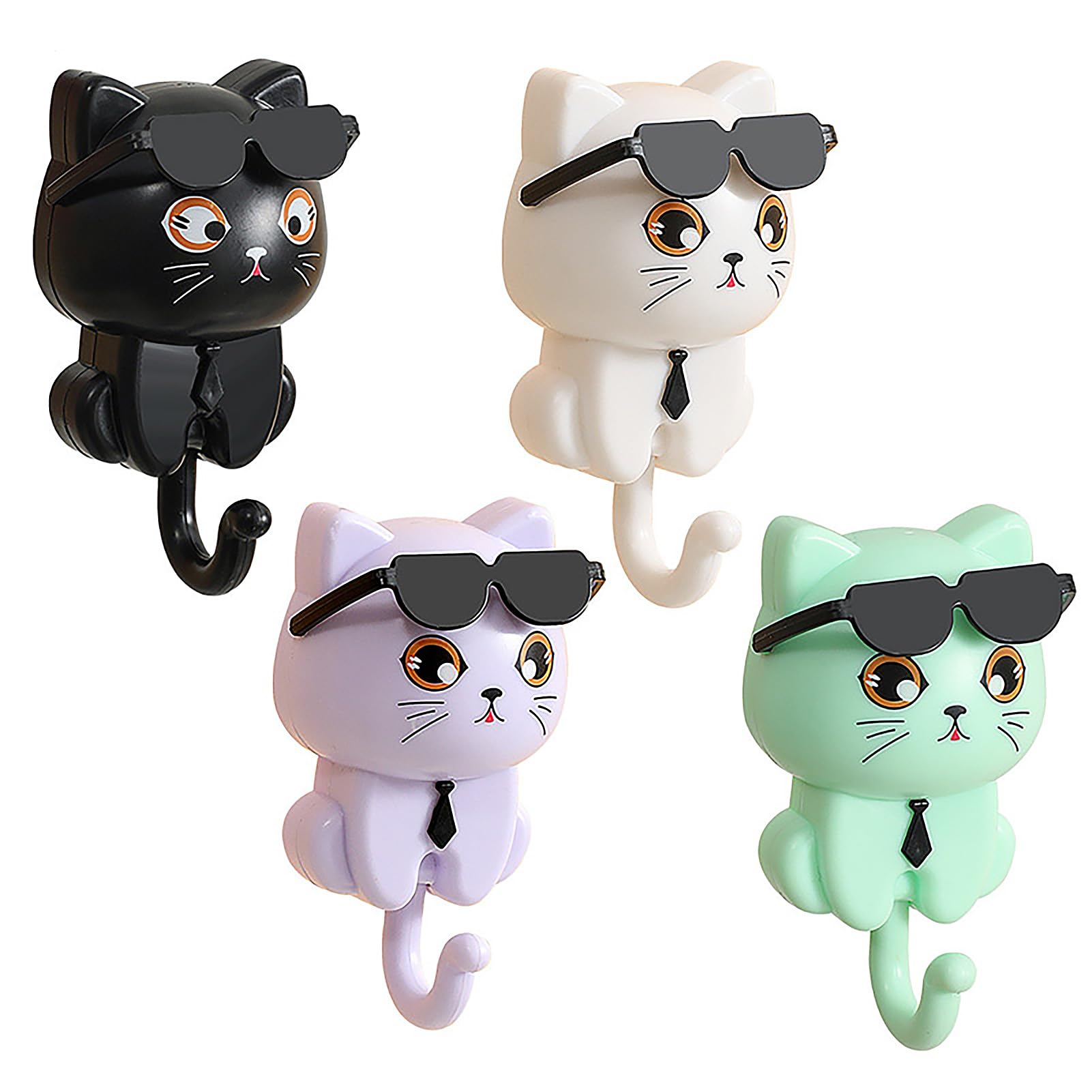 4Pcs Cartoon Sunglasses Cat Key Holder Creative Adhesive Cute Cat Key Hook Cute Macaron Color Adhesive Hook for Wall Decorative Pet Wall Hooks for Hanging Key