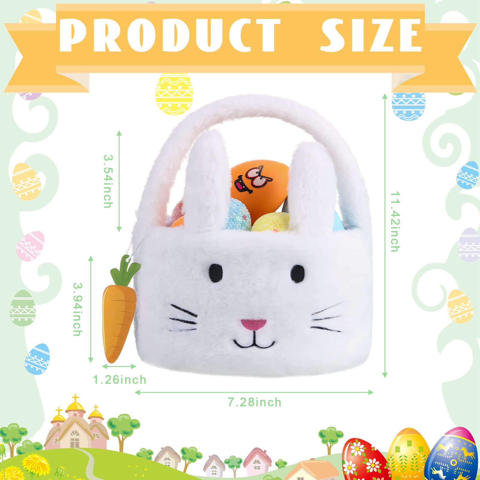 4 Pcs Easter Bunny Basket for Kids Cute Plush Rabbit Basket with Handle Foldable Ears White Basket with Carrot Name Card for Baby Girl Boy Easter Egg Hunt, 9.84 x 7.87 Inch
