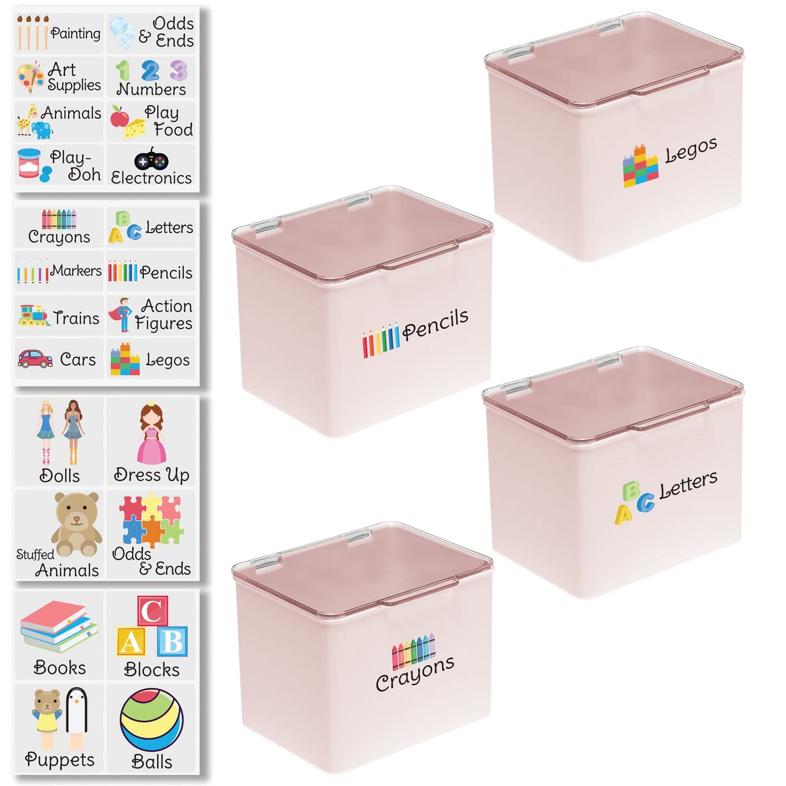 mDesign Plastic Stackable Storage Organizer Toy Box with Lid for Action Figures, Crayons, Markers, Building Blocks, Puzzles, Craft or School Supplies - Pack of 4, Includes 32 Labels - Light Pink/Clear