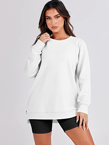 ANRABESS Women's Oversized Sweatshirts Long Sleeve Tunic Tops Crew Neck Soft Pullover With Side Zipper Shirt Trendy Clothes 2023 A1073-baise-M White