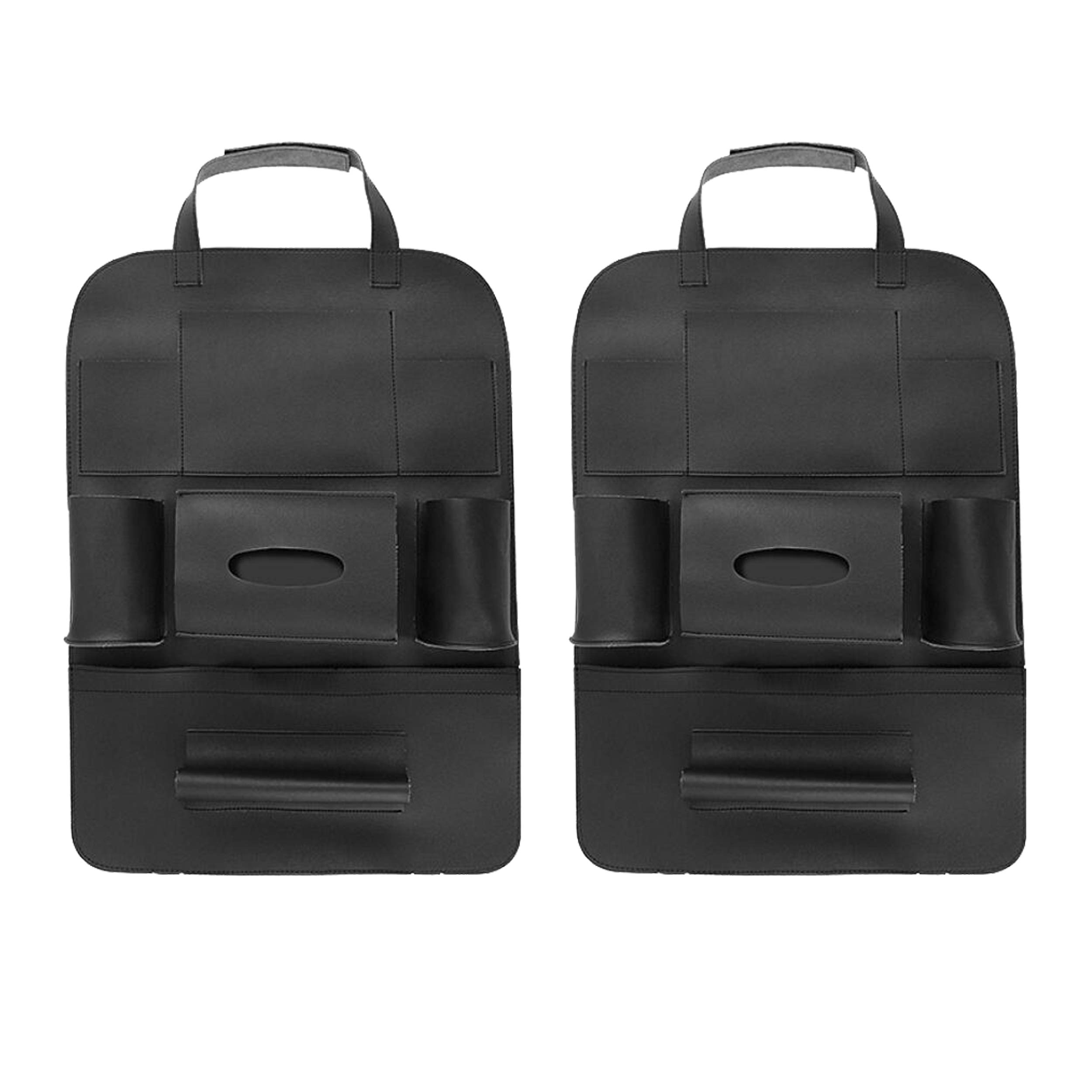 2PCS Car Backseat Organizer Luxury PU Leather Seat Back Protector Truck Seat Organizer Seat Back Covers Kick Mats, Car Seat Back Cup Drinks Umbrella Holders Tissue Box, Toy Organizer (Black, 2pcs)