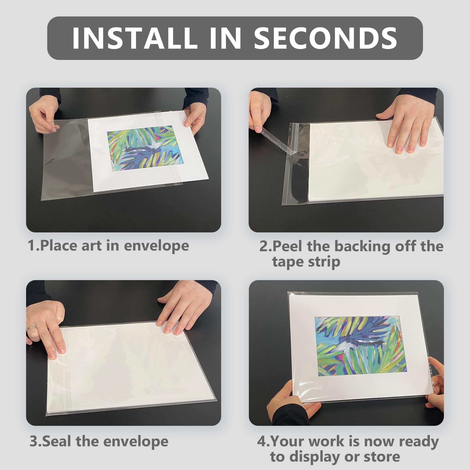 50 Pack Acid-Free Crystal Clear Sleeves Storage Bags for 11x17 Art Prints/Pictures/Photos/Framing Mat Mattes (Bag Size: 11 3/7"x17 1/2")