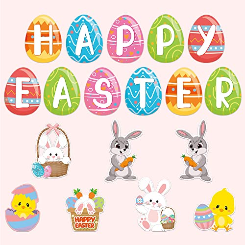 46 Pieces Easter Egg Cutouts Bulletin Board Decoration, Easter Bunny Cutouts Colorful Bunny Cardboard Craft Rabbit Cut-Outs with 100 Glue Point Dots for Easter Party Games Home Wall Decorations