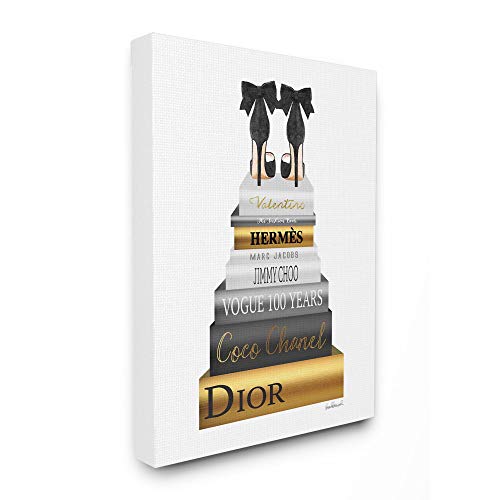 Stupell Industries Fashioner Shoes Bookstack Black Gold Watercolor, Design by Artist Amanda Greenwood Wall Art, 36 x 48, Canvas