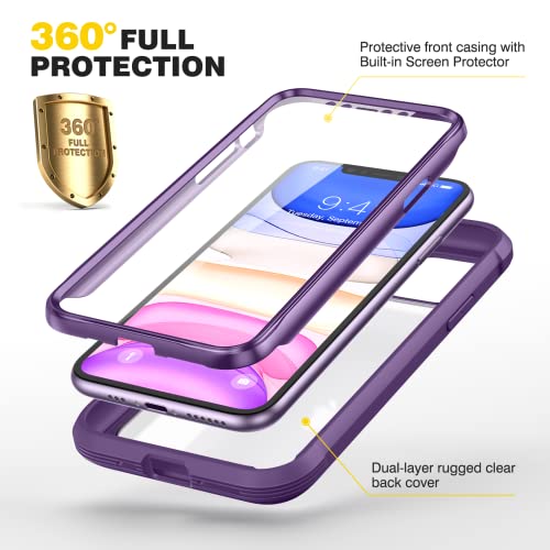 Diaclara Compatible with iPhone 11 Case, Full Body Rugged Case with Built-in Touch Sensitive Anti-Scratch Screen Protector, Soft TPU Bumper Case Clear Compatible with iPhone 11 6.1" (Purple and Clear)