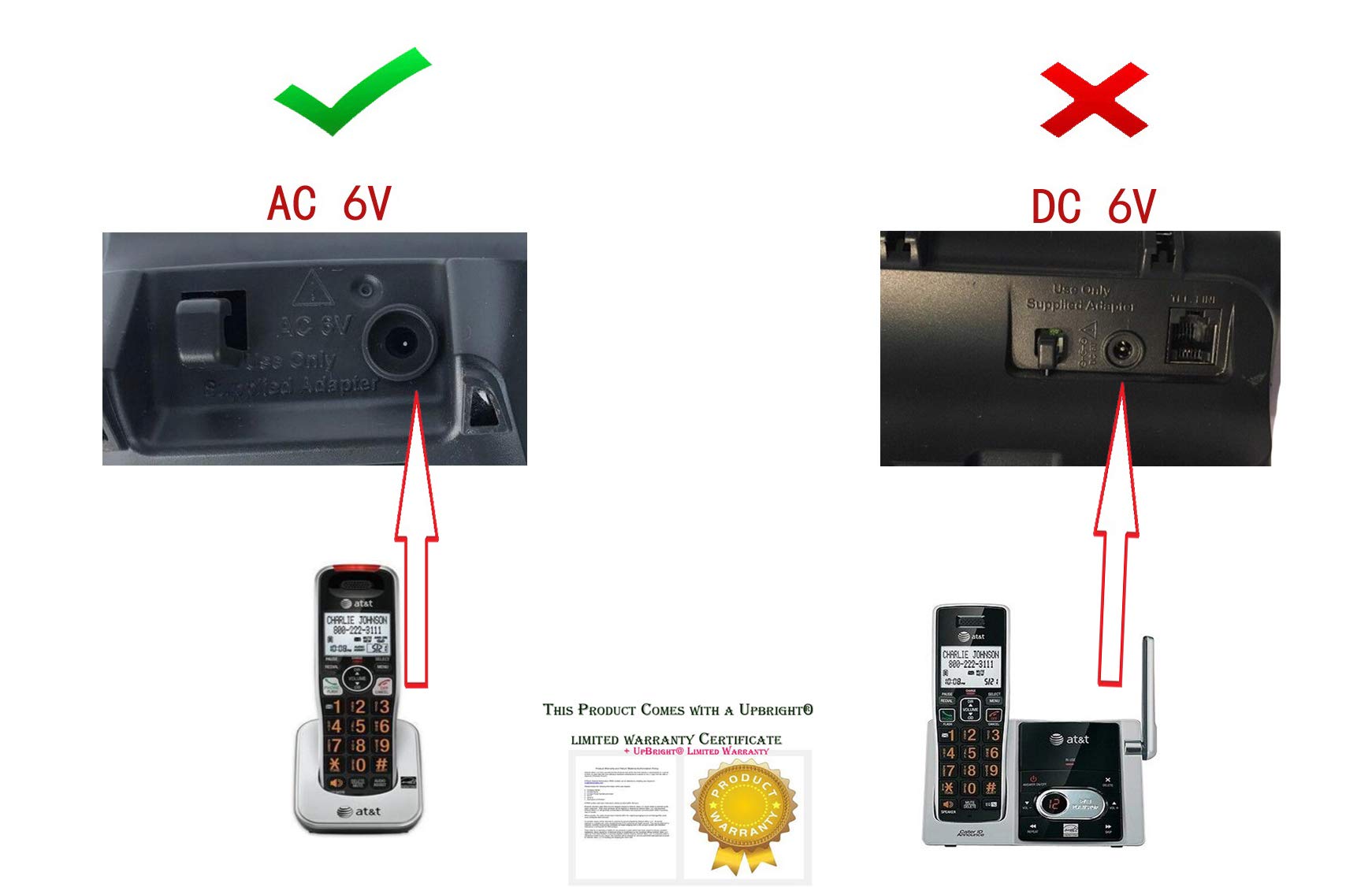 UpBright 6V AC Adapter Compatible with U060030A12V US-0603 SIL Vtech AT&T DS6101 CRL82312 CRL82212 CS6919 CS6529 CS6619 CS6629 CS6859 EL52100 EL52109 TL86009 CRL8111 Phone Handset AC6V Power Charger