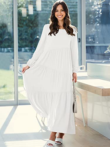 ANRABESS Women’s Boho Casual Loose Puff Long Sleeve Crewneck Asymmetric Tiered Beach Maxi Long Dress 596bai-M White