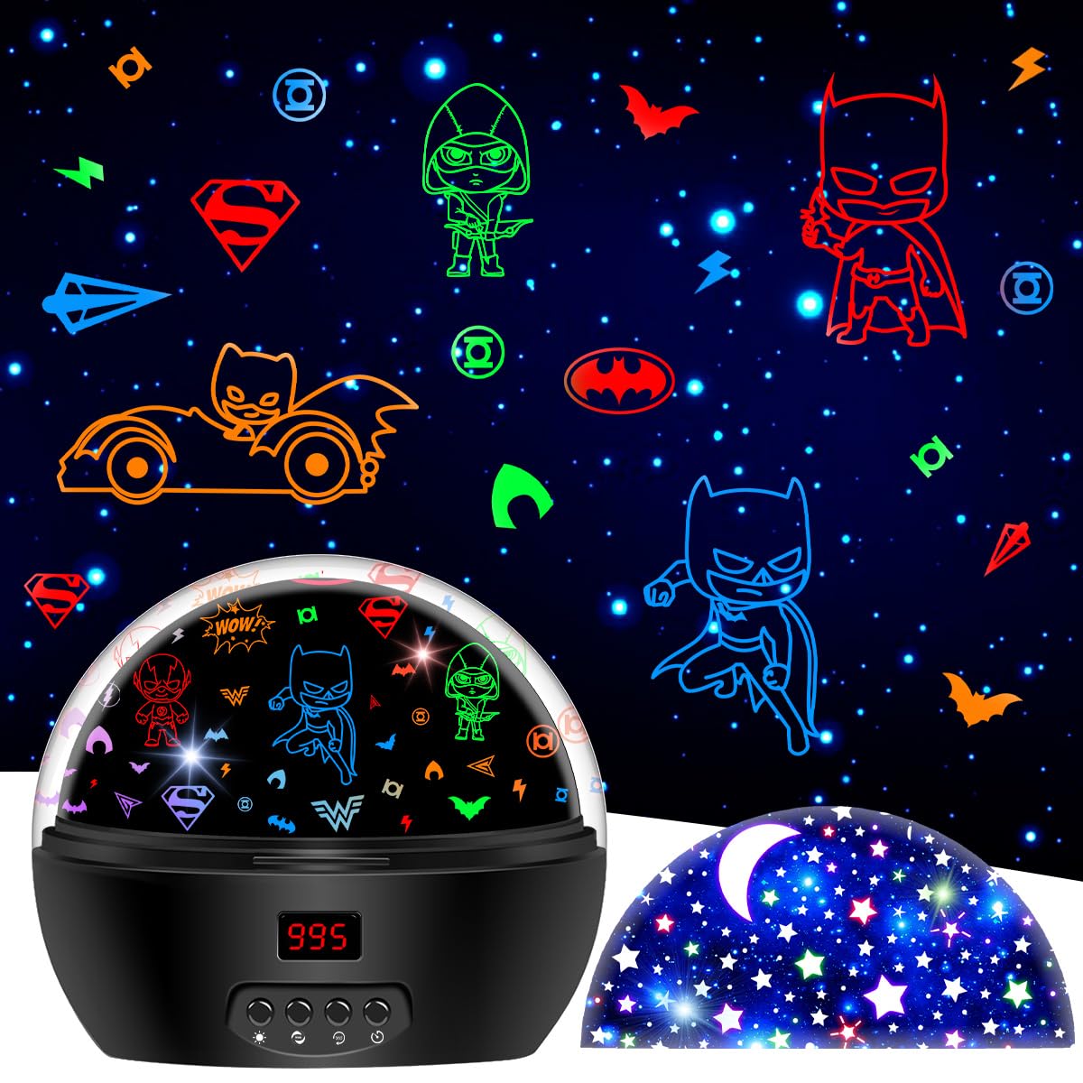 DCAUT Batman and Star Projector Night Light for Kids, Star Moon Night Light for Kids with Timer,360 Degree Rotating Baby Light Projector for Bedroom Nursery Baby Gifts Toddler Boys Girl(Black-BM)