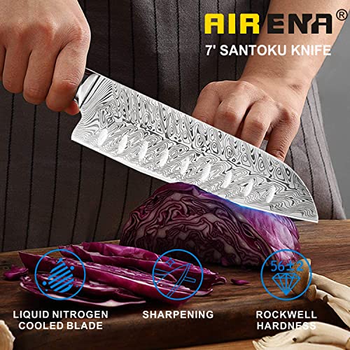 AIRENA Santoku Knife - 7" Japanese Style Kitchen Knife - X50CrMov15 German Steel Blade & Full Tang Ergonomic Pakkawood Handle - Best Value Ultra Sharp Cooking Chef Knife Giftbox