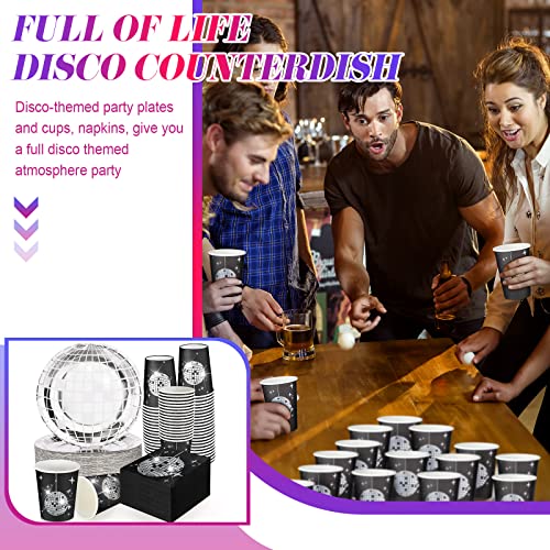 70s Disco Party Supplies Includes 50 Pcs Silver Disco Ball Paper Dinner Plates 50 Pcs Disco Paper Cups 50 Pcs Disco Party Cocktail Napkins for Disco Wedding Party Picnic Travel (Black and Silver)