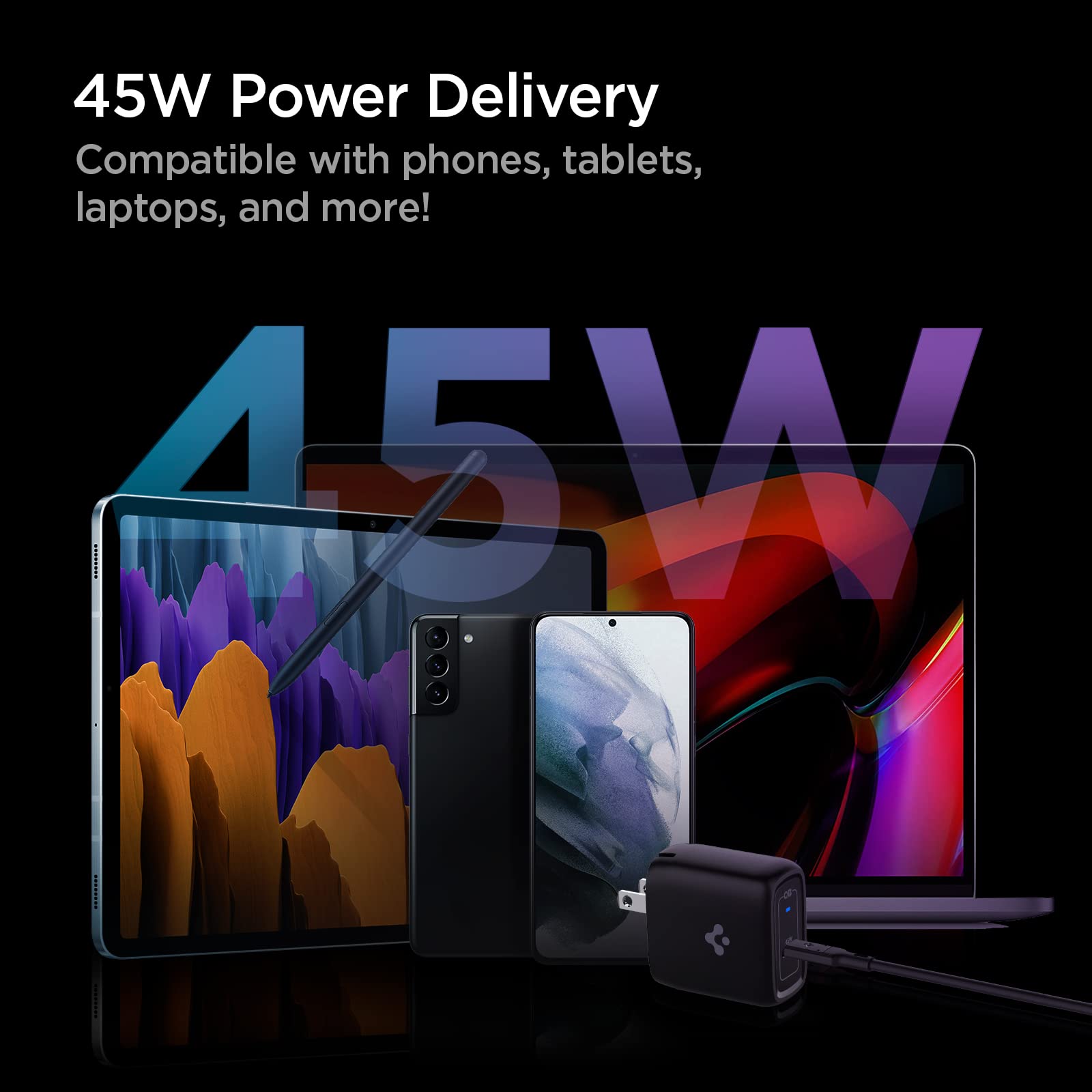 USB C Charger, Spigen [GaN Fast] 45W PD 25W PPS Super Fast Charge Type C for Galaxy S25 Ultra S25 Plus S25 S24 Z Fold Flip 6 5 4 Pixel Fold 8 8a Pro 7 Tab S9 iPad (Cable Included/Foldable Plug)