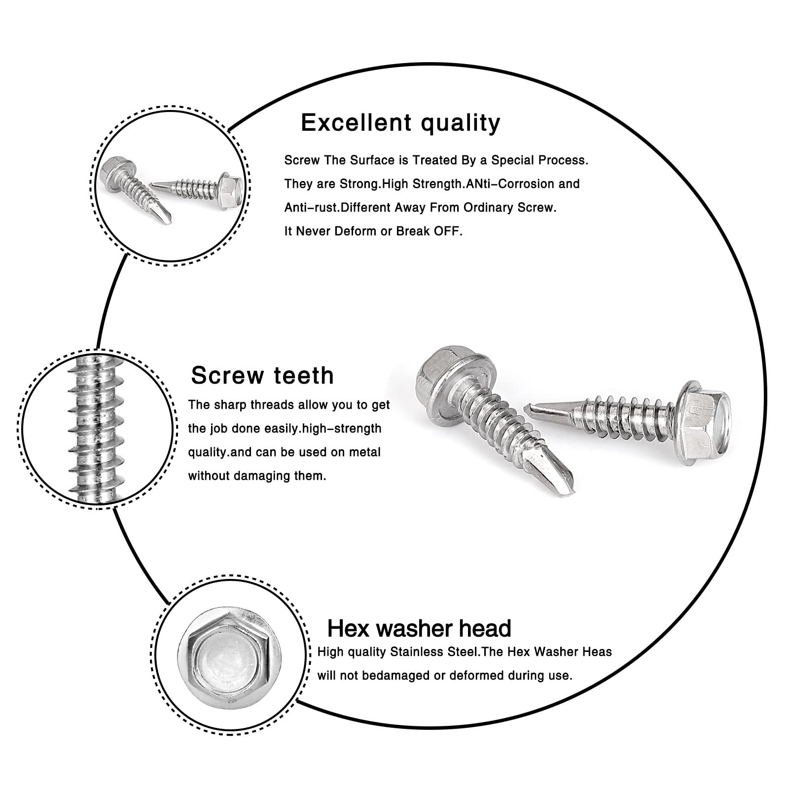 50PCS Stainless Steel #14x1-1/4" Hex Washer Head Self Drilling Screws, Self Tapping Sheet Metal Tek Screws