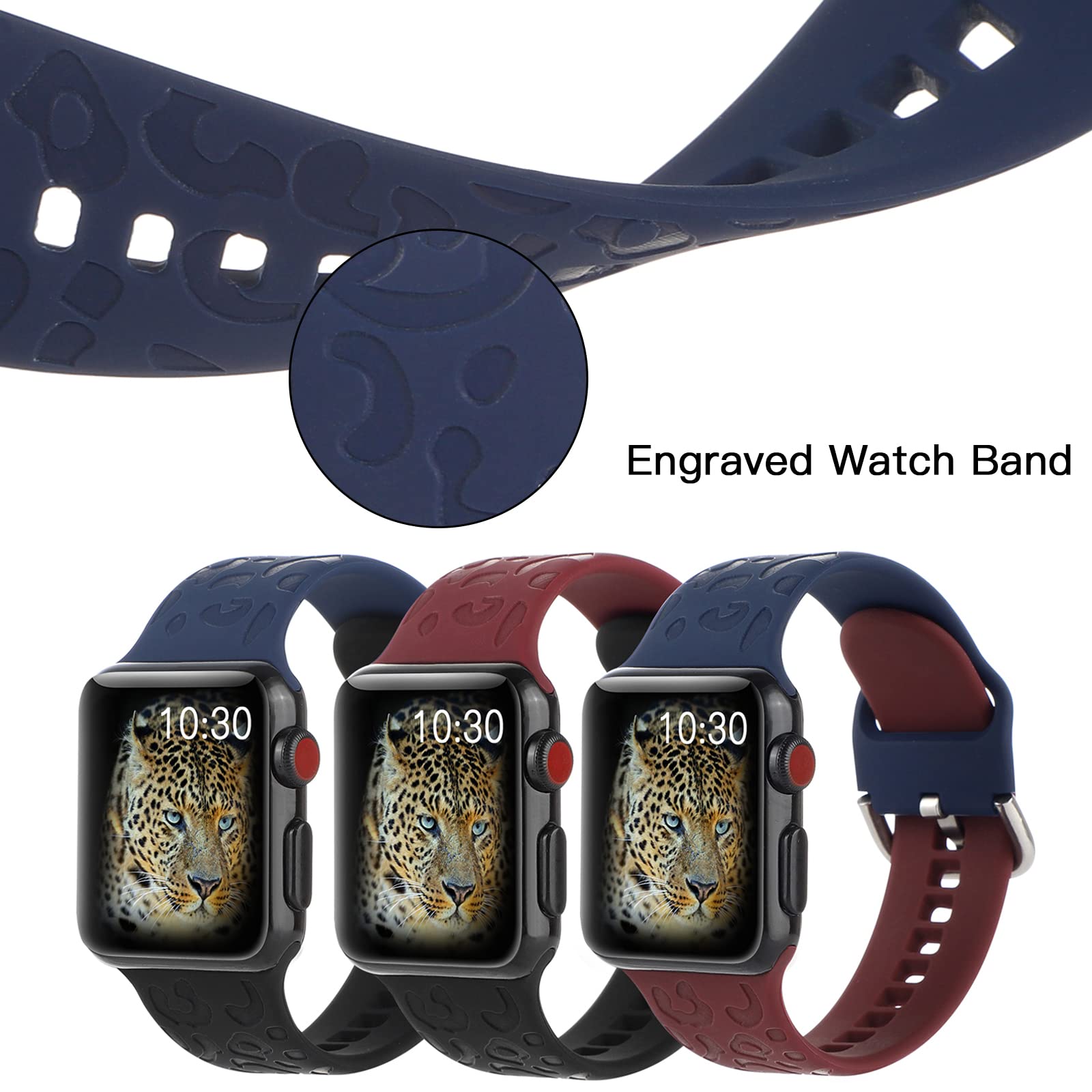 3 Pack Cheetah Engraved Strap Compatible with Apple Watch Bands 38mm 40mm 41mm,Fancy Leopard Laser Printed Soft Silicone Accessories for iWatch Series 1 2 3 4 5 6 SE 7 8 9 (Thin Black Green, 38/40/41mm)