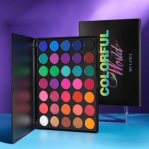 DE'LANCI Rainbow Eyeshadow Palette, Professional 35 Bright Colors Matte Shimmer Eyeshadow Makeup Pallete - Long lasting and Highly Pigment Silky Powder Eye Shadow Make up Kit,Cruelty- Free #35E