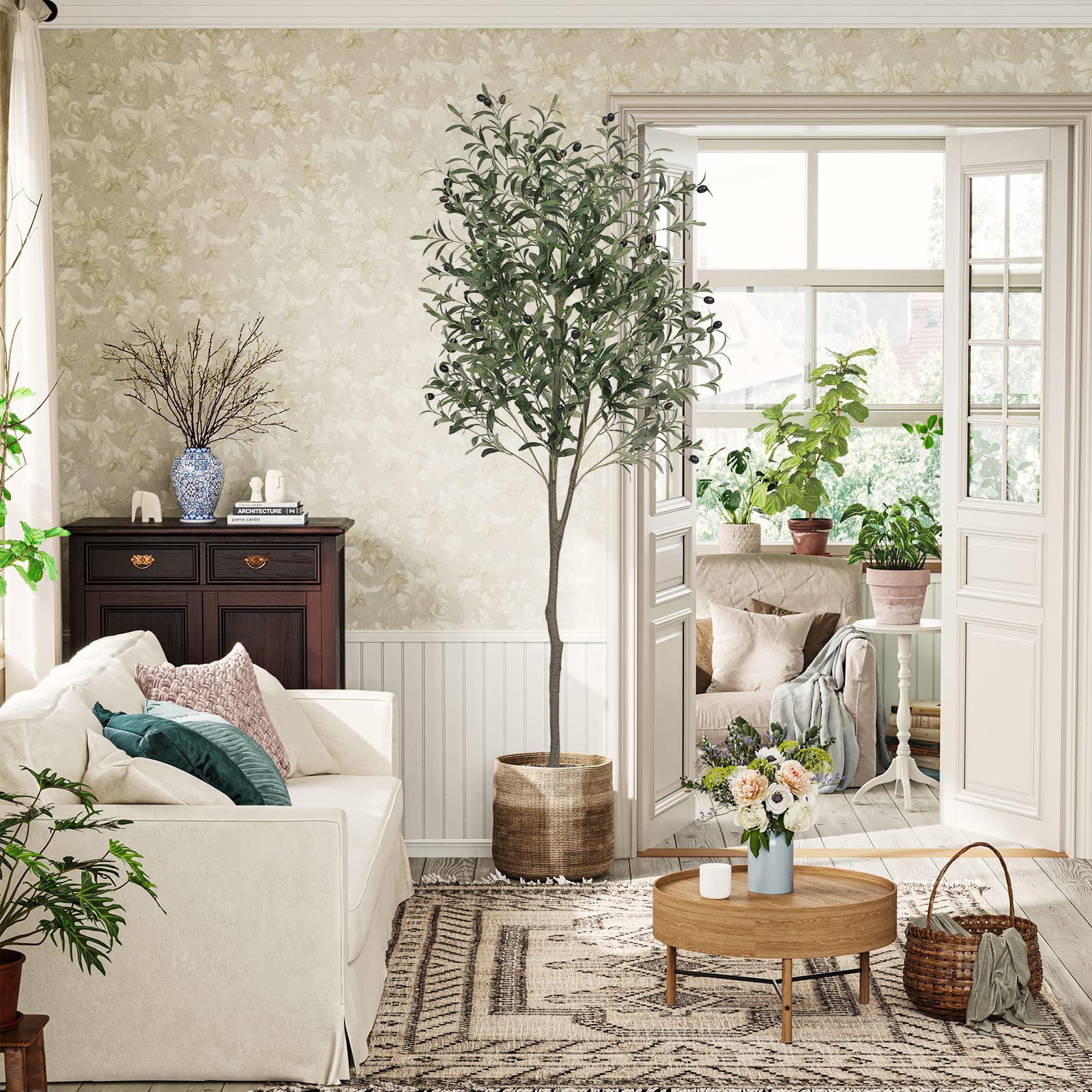 VIAGDO Artificial Olive Tree 6ft Tall Fake Potted Olive Silk Tree with Planter Large Faux Olive Branches and Fruits Artificial Tree for Home Office Living Room Decor Indoor, 1176 Leaves