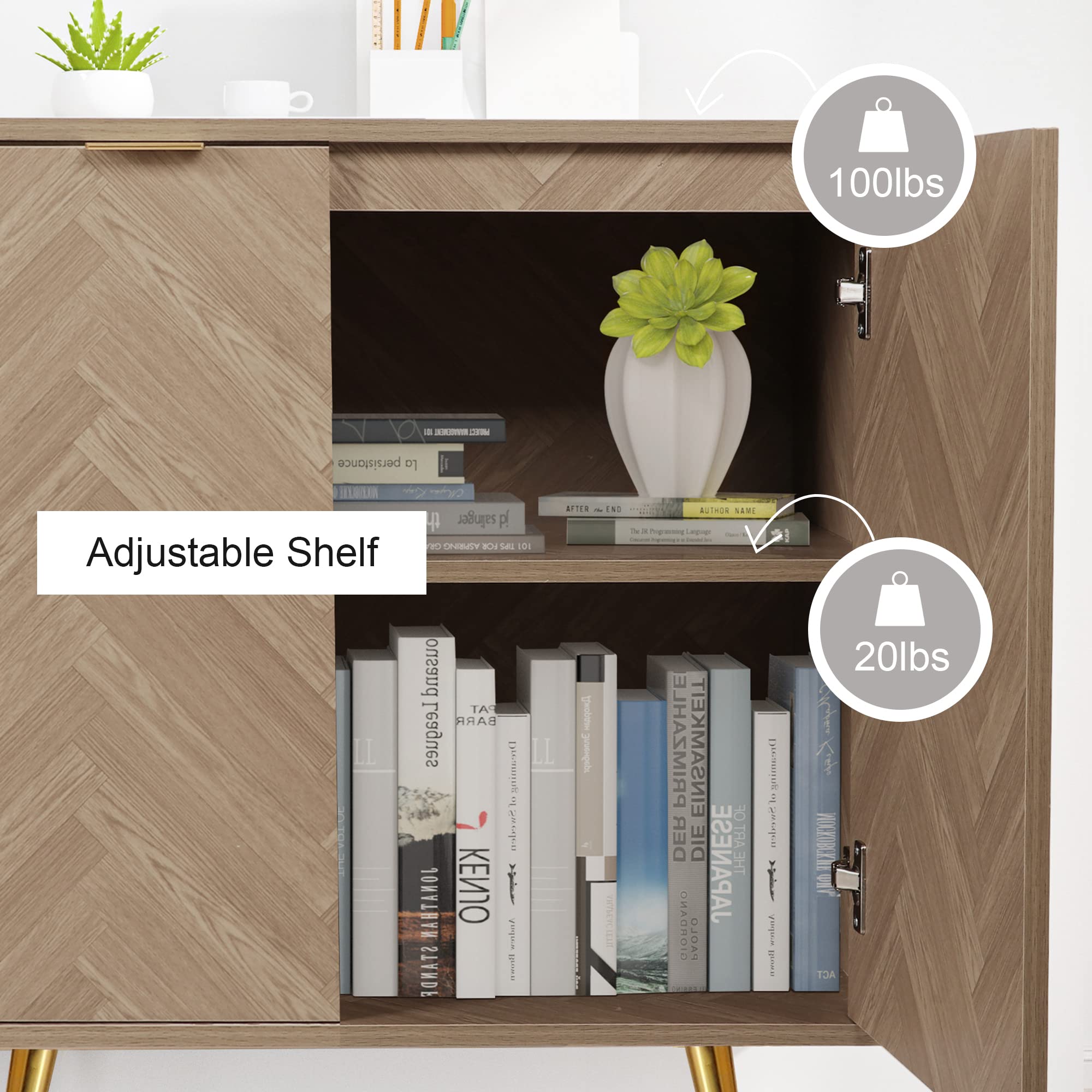 Anmytek Modern Sideboard Buffet Cabinet, Natural Oak Accent Cabinet with 2 Doors and Adjustable Shelf Spaicous Storage Cabinet for Living Room Kitchen Hallway, H0058