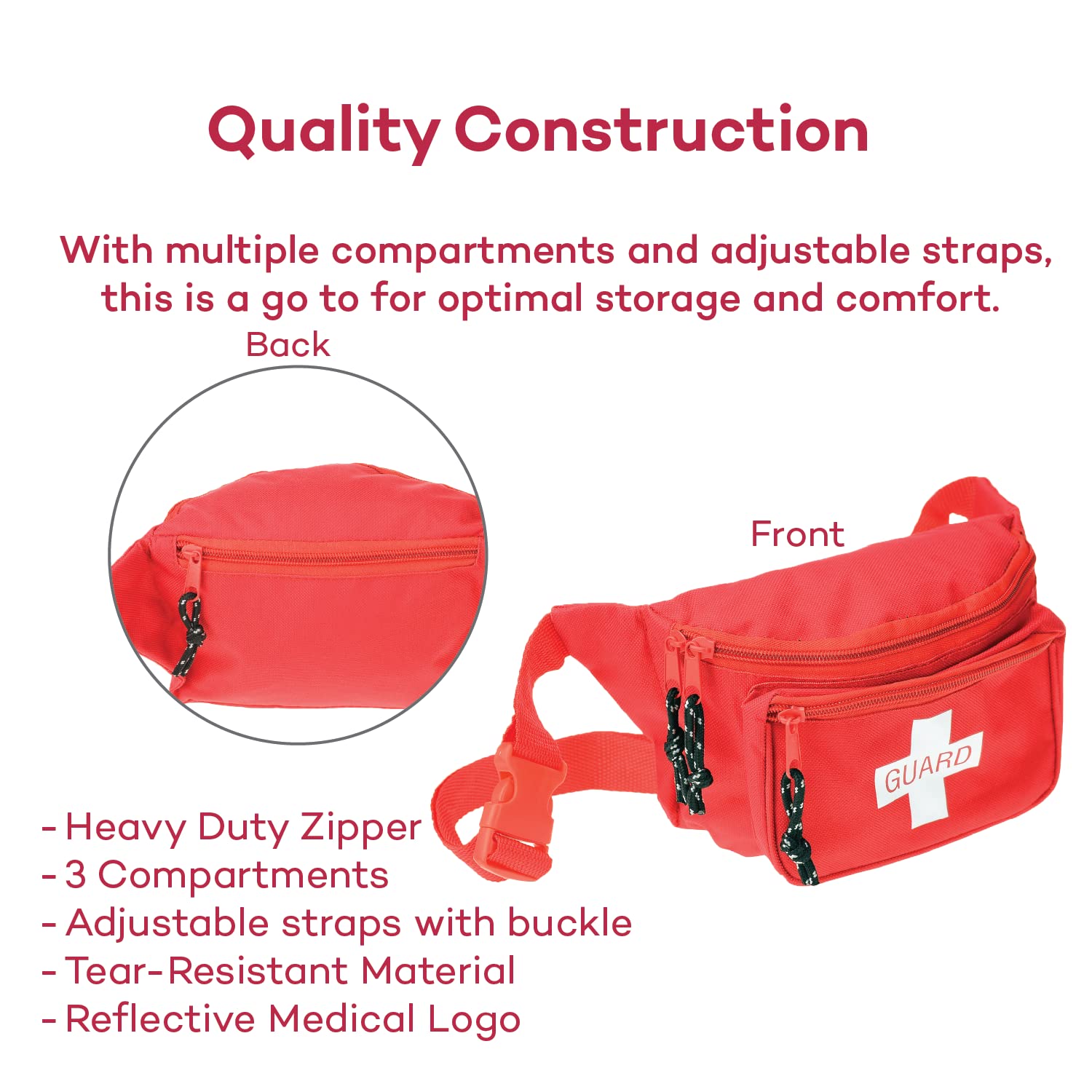 Dealmed Lifeguard Fanny Pack with Logo, E-Z Zipper Design and 3 Pockets, Red Fanny Pack (Pack of 1), Includes Adjustable Waist Strap and Zipper Pockets