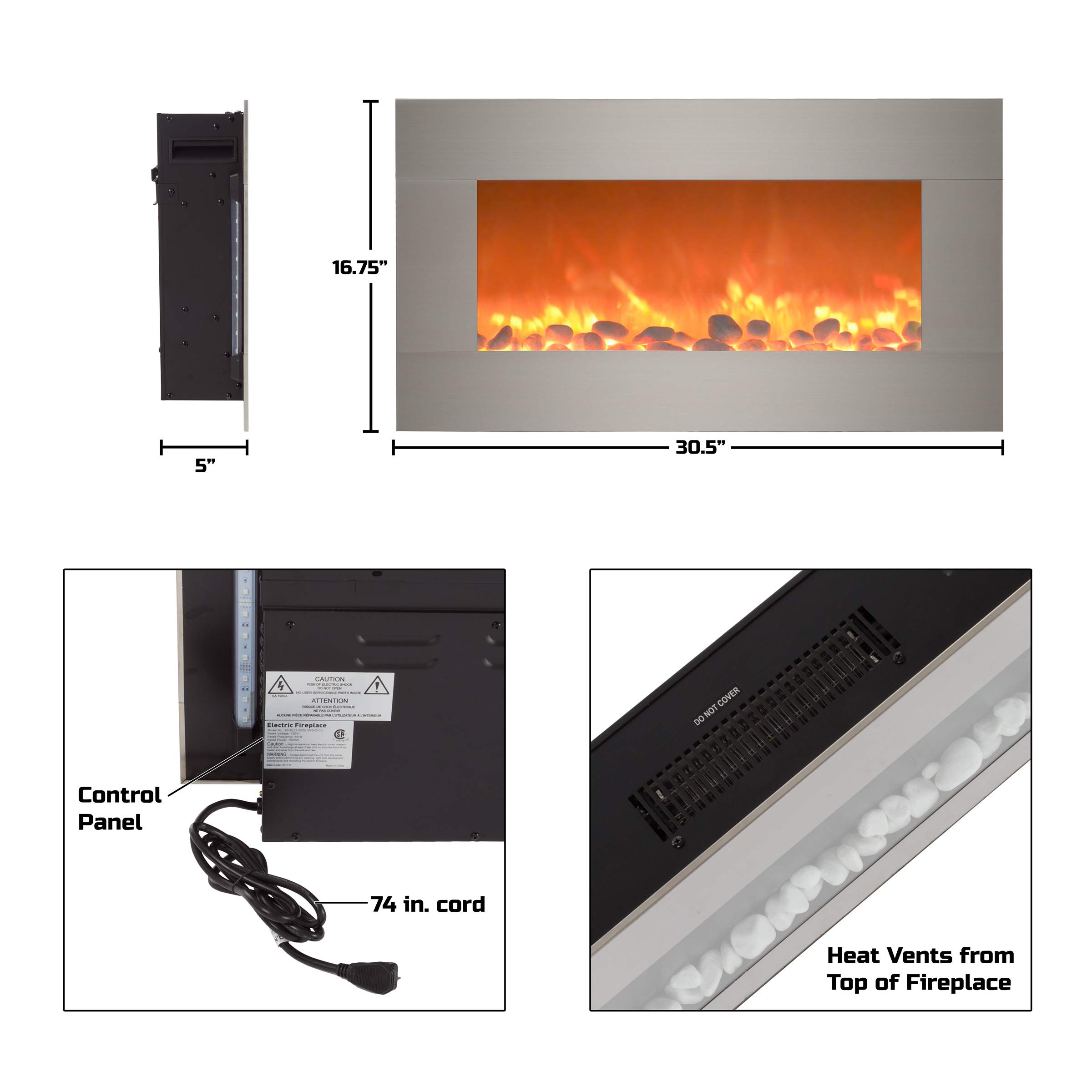 31-Inch Electric Fireplace - Front Vent, Wall Mounted, 13 Backlight Colors, Adjustable Heat and Remote Control by Lavish Home (Silver)