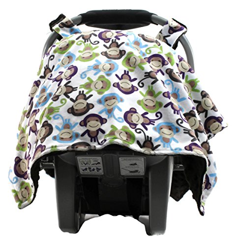 Dear Baby Gear Deluxe Car Seat Canopy - Double Layer Infant Car Seat Cover - Soft and Breathable - Multi Colored Mischievous Monkeys Print/Brown Dot - 30" x 40"