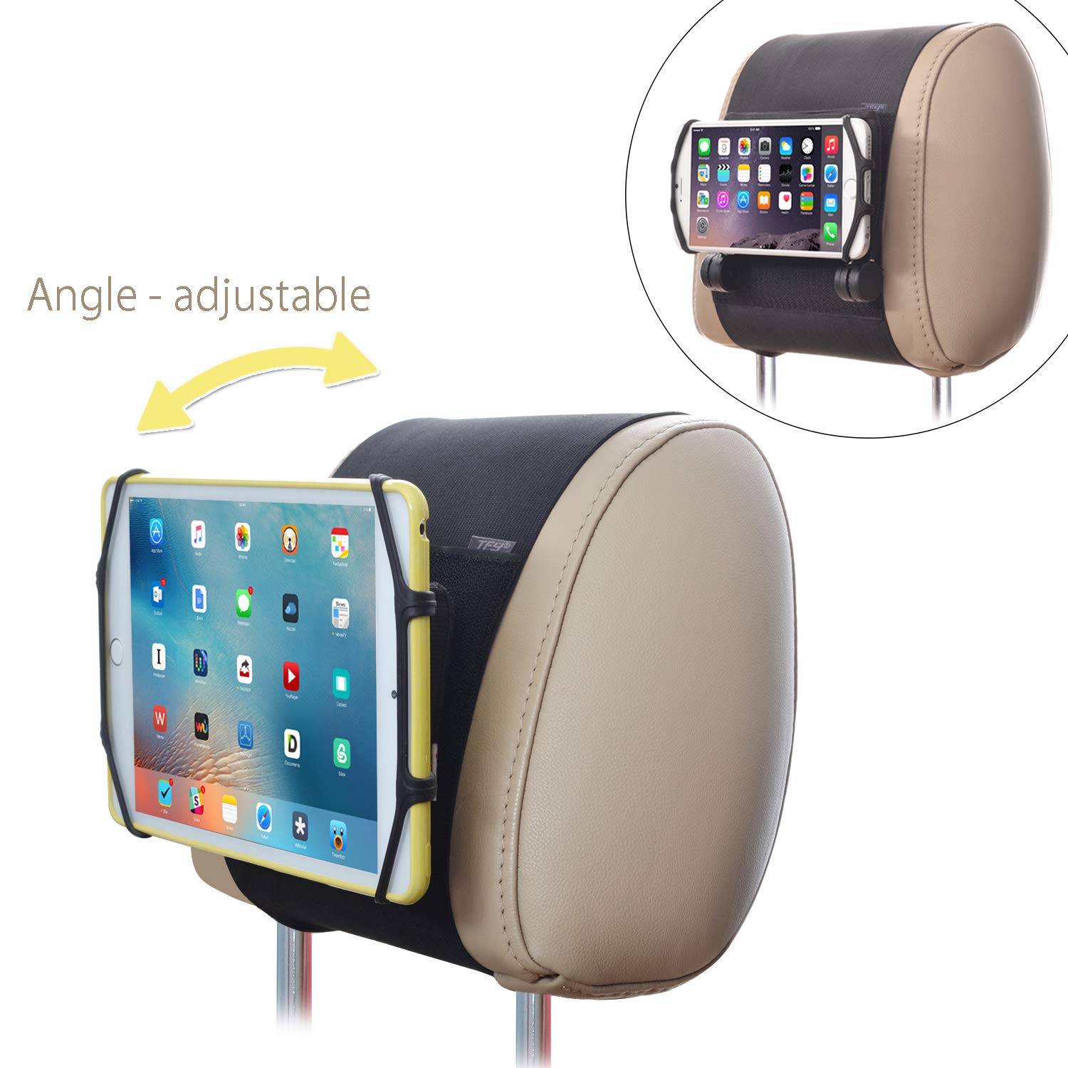TFY Car Headrest Mount for 7-10 inch Fire, Fire HD, Kids Edition Tablets, Angle Adjustable Holder with Silicon Holding Net