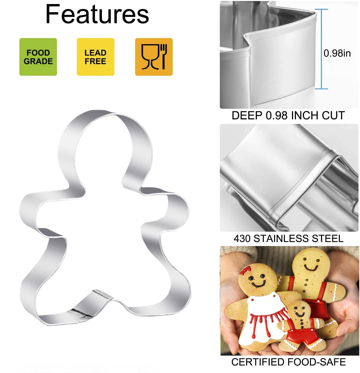 3PCS Gingerbread Man Cookie Cutters, 5.12" 4.34" 3.42" Large Christmas Cookie Cutters -Stainless Steel Holiday Cookie Cutters Shapes for Baking Gift