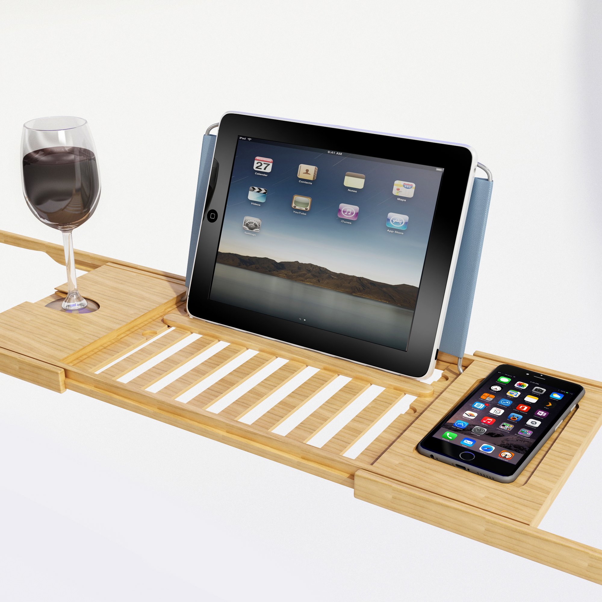Bamboo Bathtub Tray - Wood Bath Caddy with Book, Phone, or Tablet Rest, Cup Holder, and Extended Sides for Bath Accessories by Home-Complete (Natural)
