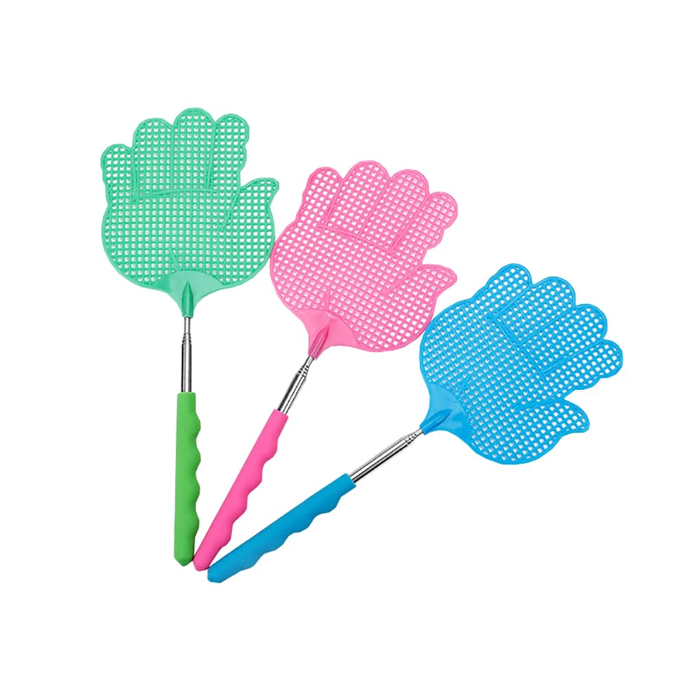 3 Pack Extendable Fly Swatter Stainless Steel Hand Fly Swatters with Rubber Handle (Green, Pink, Blue)