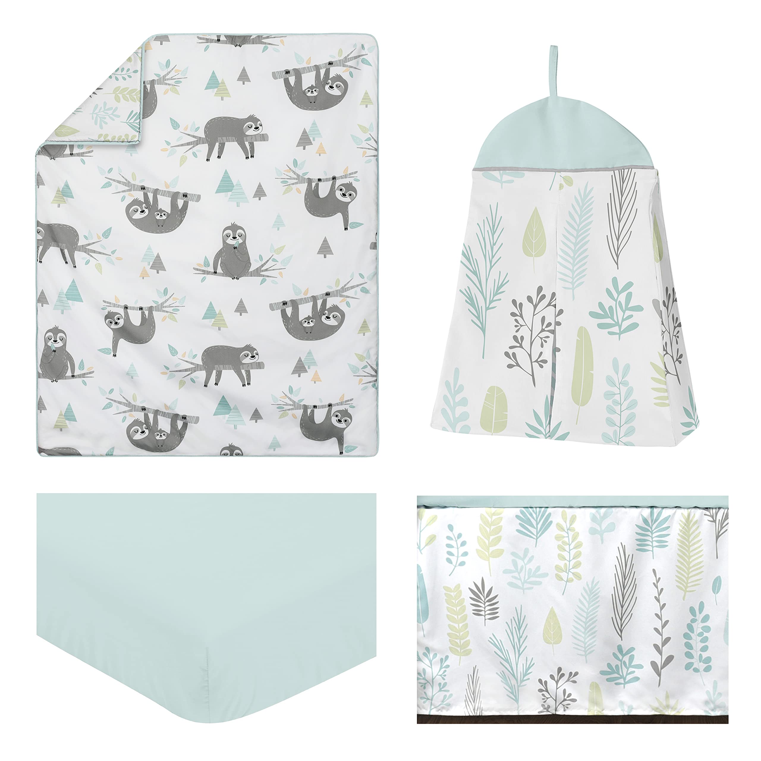 Sweet Jojo Designs Blue and Grey Jungle Sloth Leaf Baby Unisex Boy or Girl Nursery Crib Bedding Set - 4 Pieces - Turquoise, Gray and Green Tropical Botanical Rainforest