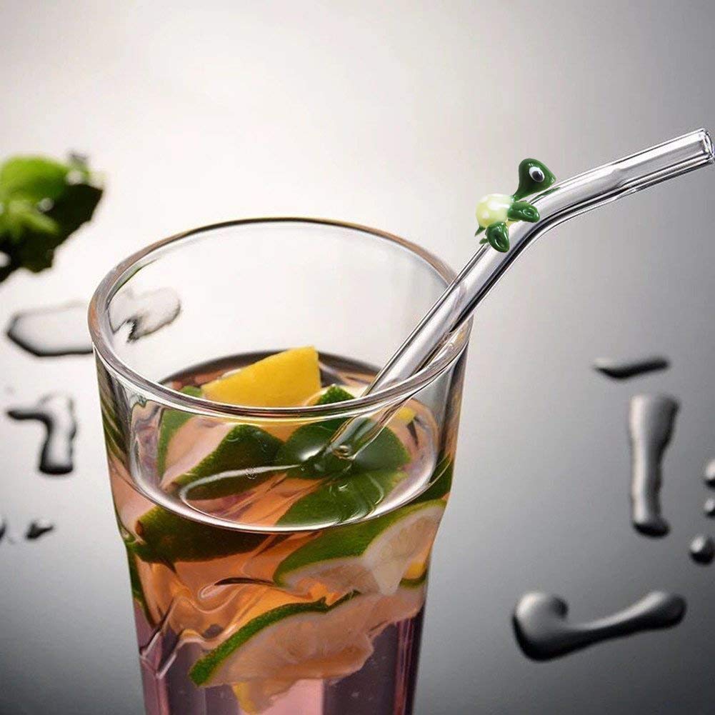 3pcs Reusable Glass Straws Green Turtle on Clear Bent Straw 8 in x 9 mm With Cleaning Brush, Perfect for Smoothies, Cocktails