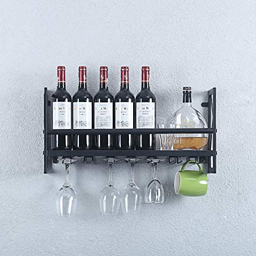MBQQ Industrial Wine Racks Wall Mounted with Stemware Racks,23.6in Rustic Metal Hanging Wine Holder,Bottle Holder with 7 Stem Glass Holder,Metal&Wood Shelves Home Decor Wall Shelf