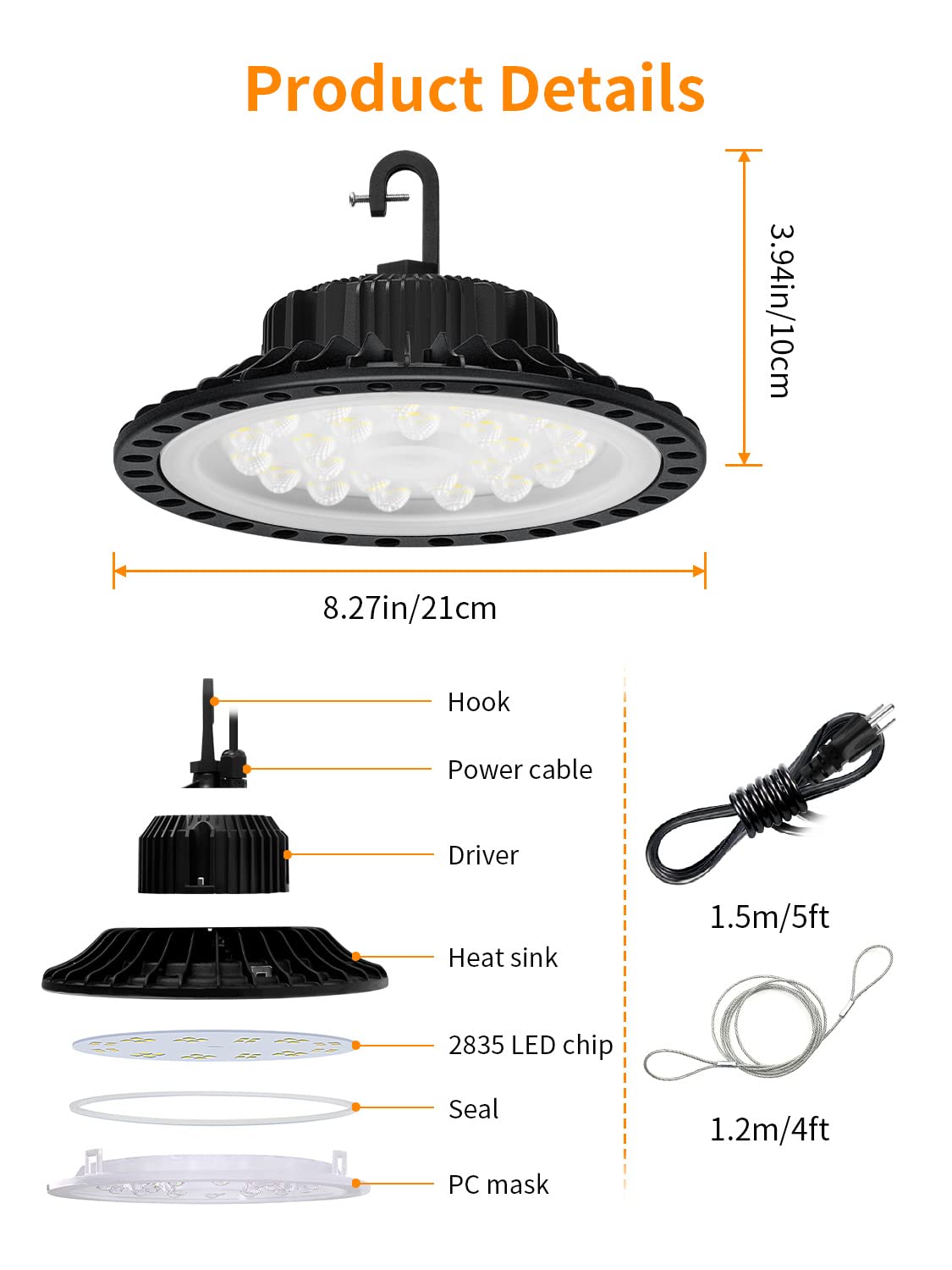 LED High Bay Light, 100W 12000LM UFO LED High Bay Lights with US Plug 5' Cable, Eqv.400W MH/HPS, 6500K Super Bright LED Shop Lights IP65 Area Light Fixture Bay Lighting for Garage Factory Workshop