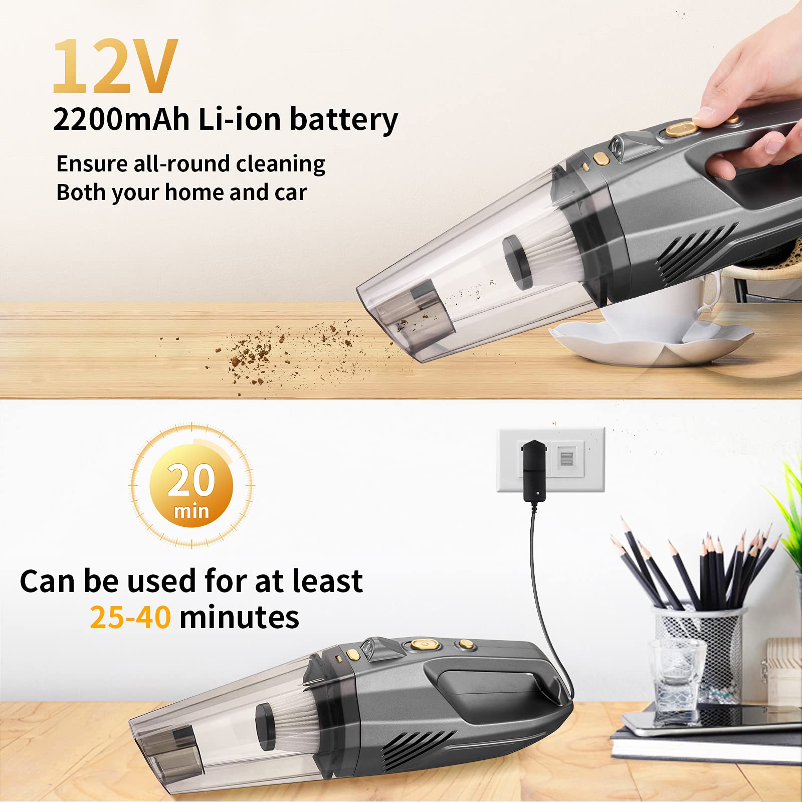 KOHUIJOO Cordless Handheld Vacuum Cleaner, Car Vacuum Cleaner Cordless, Dust Busters Cordless Rechargeable Small Portable Cordless USB Handheld Vacuum for Home and Car Cleaning with LED Light Gray