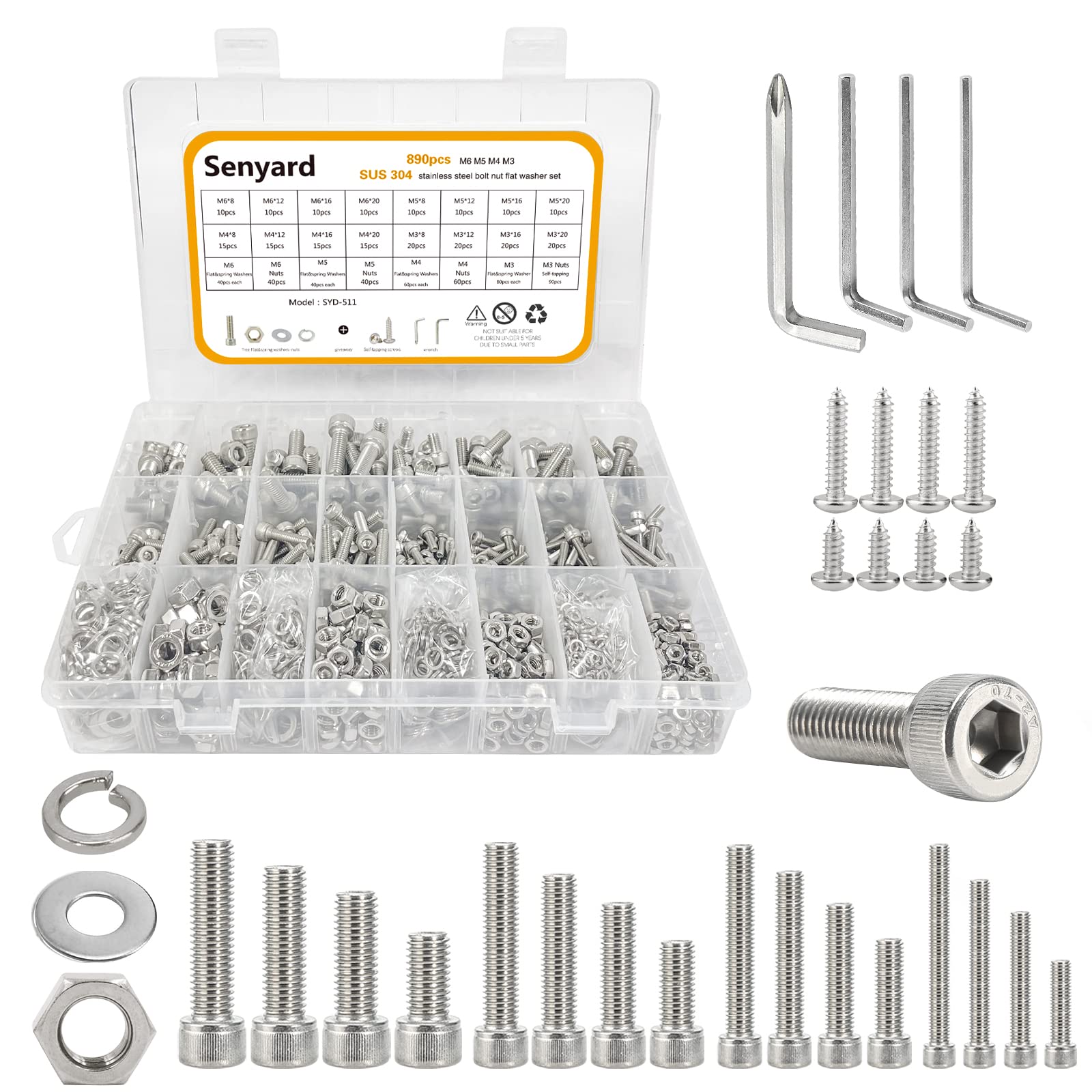 890pcs M6 M5 M4 M3 Metric Screw Assortment,Metric Bolts and Nuts Kit(with Lock&Flat washers・Wrenches) Socket Head Cap Screws 304 Stainless Steel Hex Head Metric Screws Assortment Set with Case