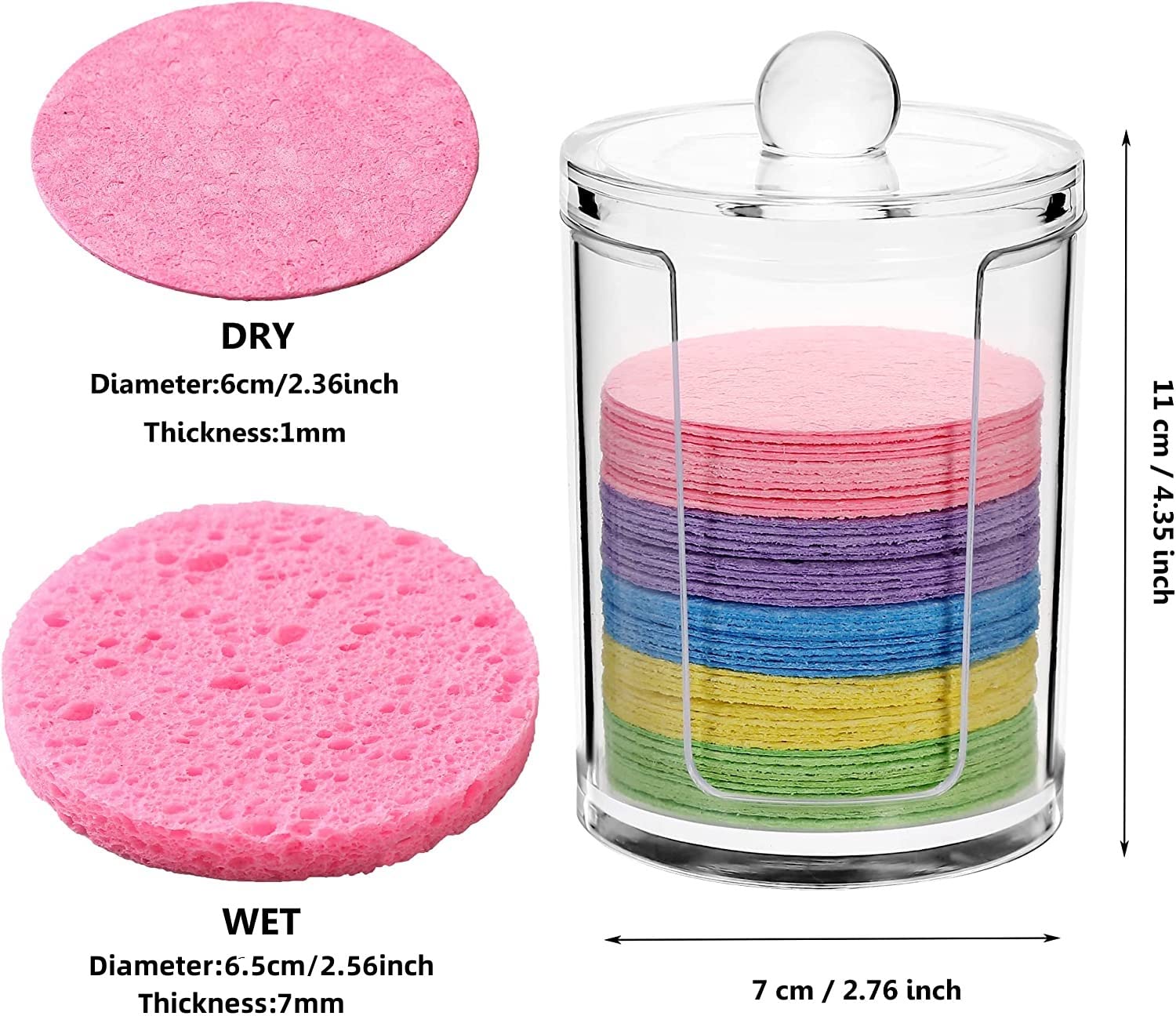 50-Count Compressed Natural Facial Sponges for Face Cleansing, Reusable Cosmetic Sponge, Used for Exfoliating and Makeup Removal With Clear Plastic Storage Jar (Colourful, 50pcs)