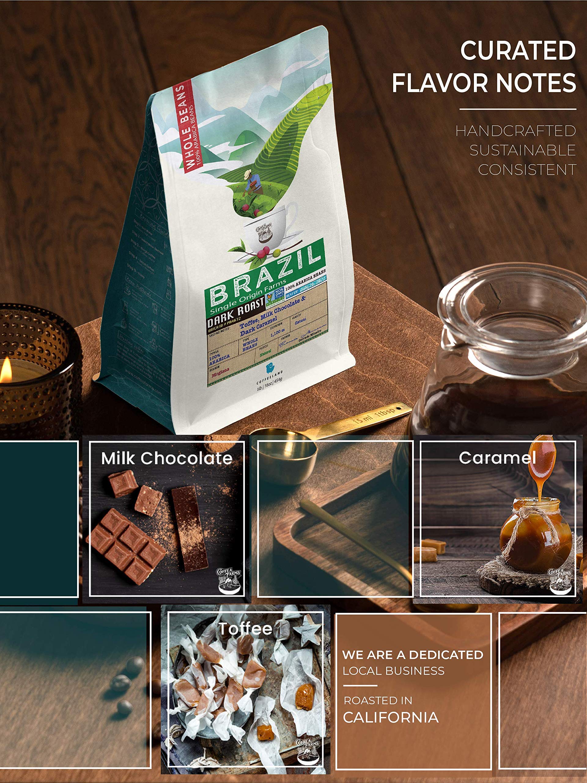 32 Ounce (2 LB) NON-GMO Single Origin Dark Roast Brazil Coffee, Low Acidity all Natural, Single Origin Whole Bean Coffee Notes: Rich Dark Caramel, Milk Chocolate and Sweet Toffee - CoffeaFarms by Coffeeland