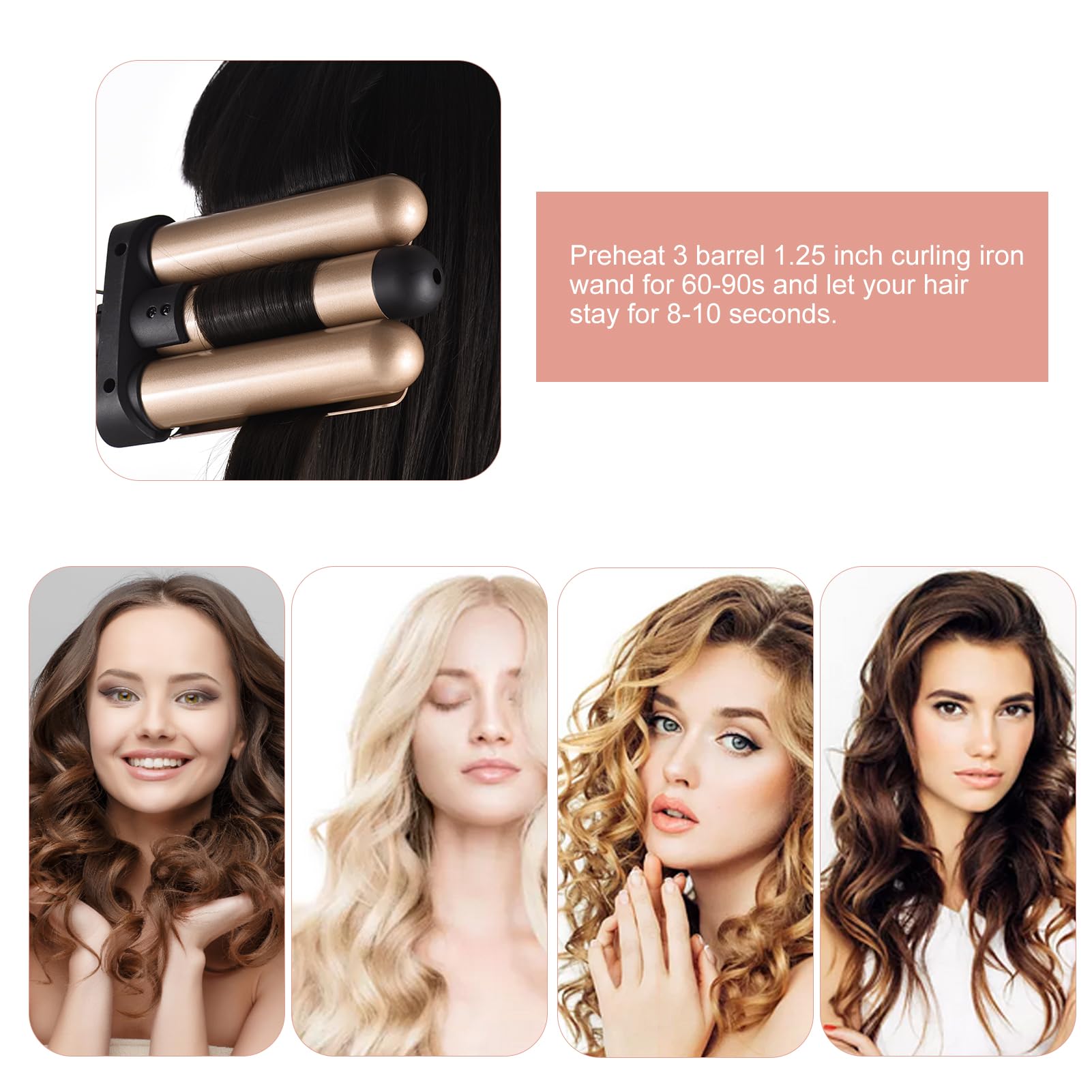 3 Barrel Curling Iron Wand, 1.25 Inch Ceramic Tourmaline Triple Barrels,Temperature Adjustable Portable Crimper Hair Iron for Beach Waves, Hair Waver Heats Up Quickly with LCD Temp Display(Rose Gold)