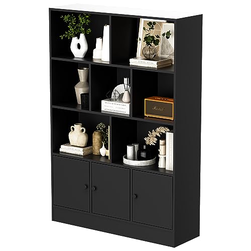 Anystyle Black 10 Cube Bookshelf, 4-Tier Bookcase Storage Cabinet with 3 Doors for Bedroom, Living Room