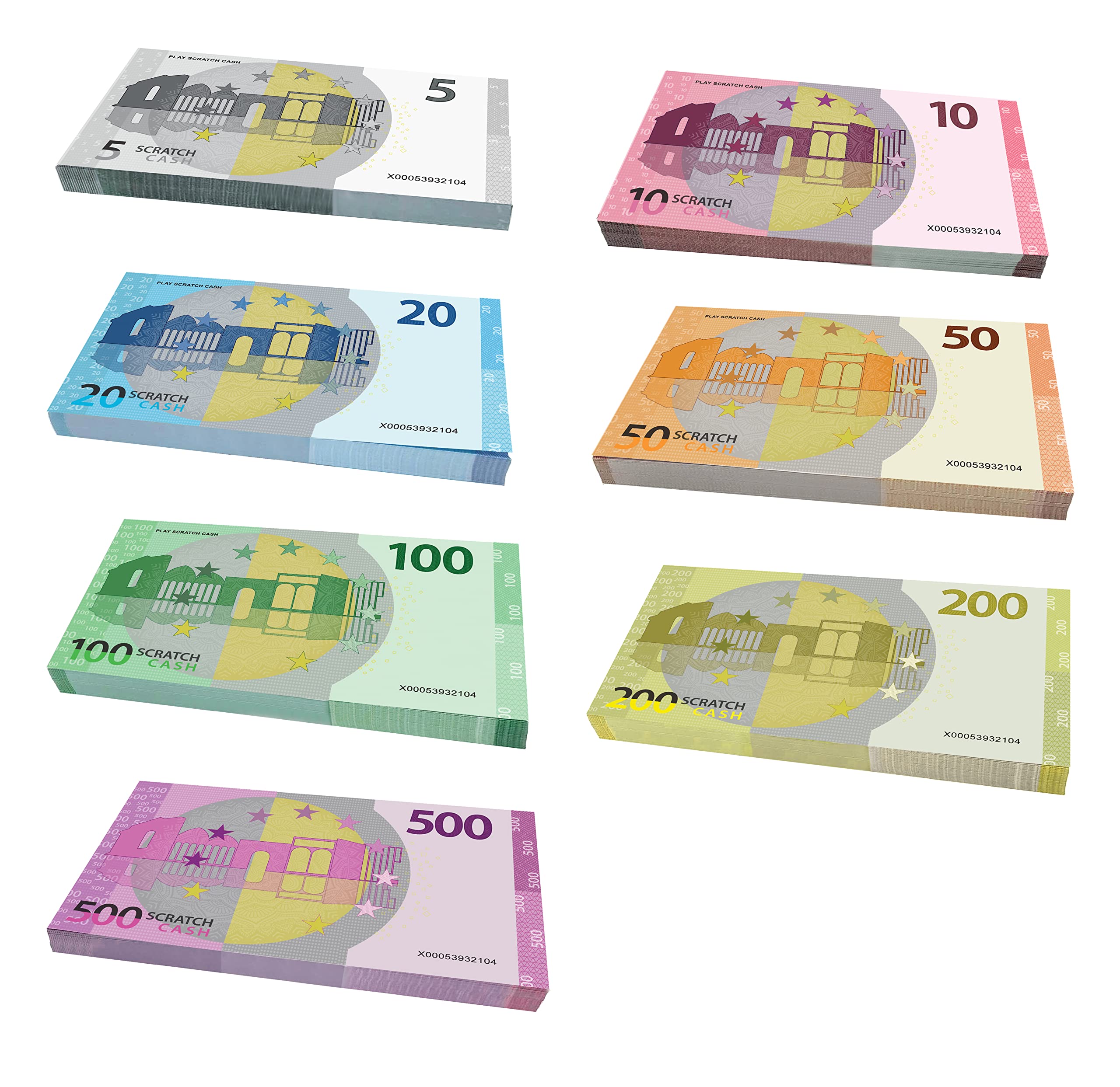 Scratch Cash Bundle Money to Play (Size Increased to 125% Compared to The Real Ones) 175 Banknotes - 7 Stacks of Euro 25 x € 5, 10, 20, 50, 100, 200 and 500