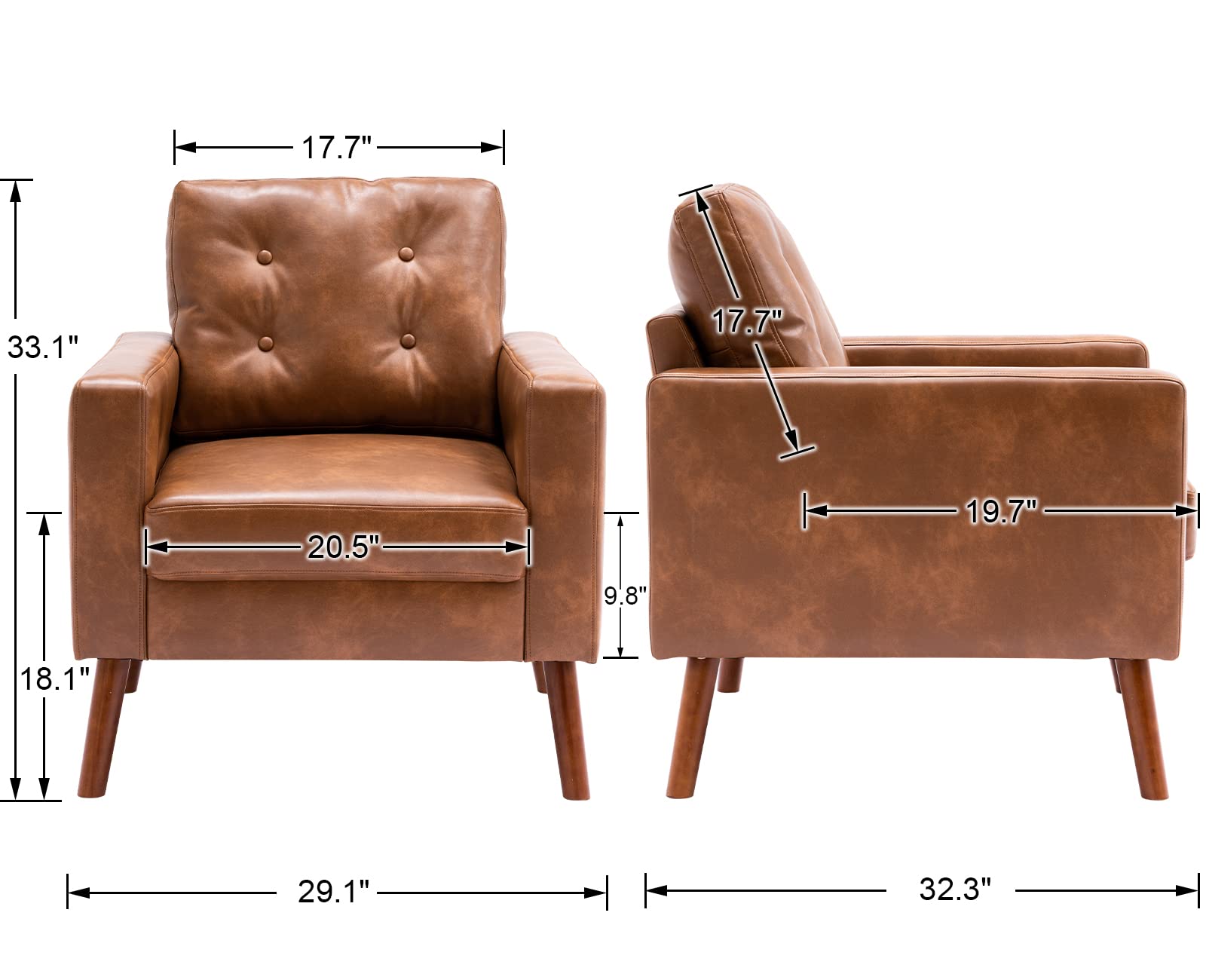 53" Wide Loveseat with Armrest, Upholstered 2-Seater Tufted PU Leather Double Sofa, Mini Sofa with Wooden Legs, Mid Century Modern Couch for Bedroom/Living, Brown