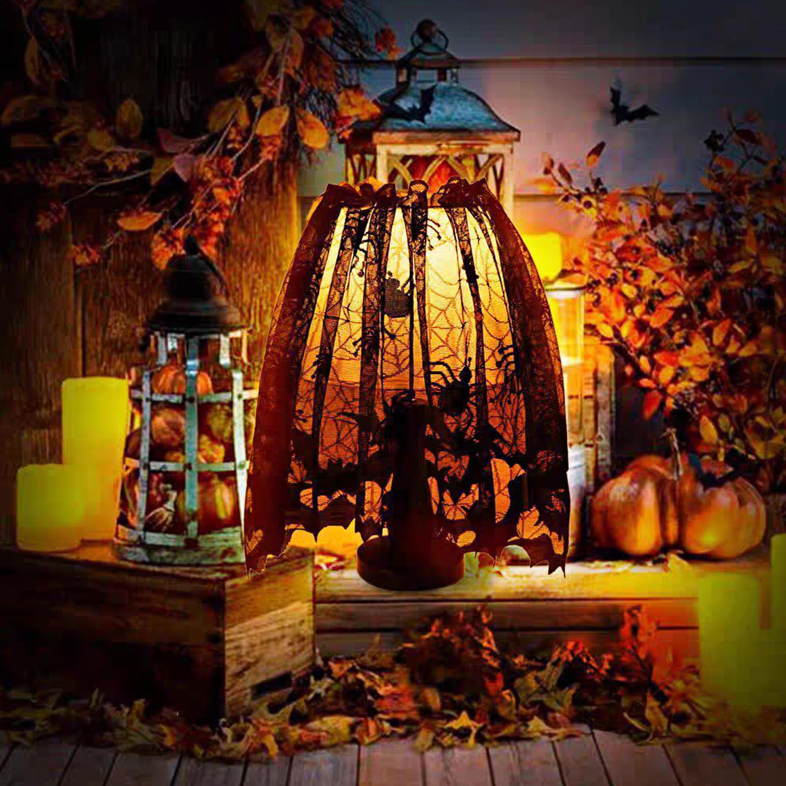 5 Pack Halloween Decorations Indoor, Halloween Mantel Decorations, Spider Web Table Runners, Round Table Cover and Cobweb Lampshade with 36pcs Scary 3D Bat Stickers for Halloween Party Decor