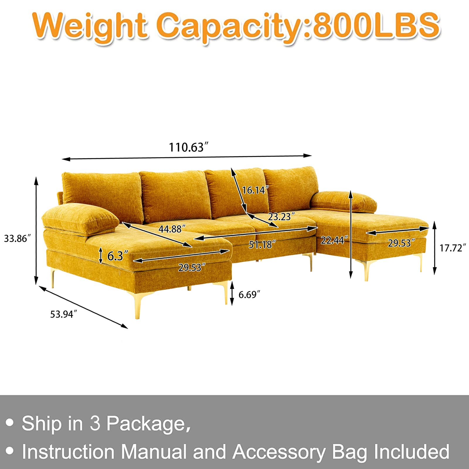 Pvillez Modern Sectional Sofa with Double Chaise Large Convertible Couches Chenille U-Shape Couch with Rolled Arms and Golden Legs Oversize Yellow Sofa for Living Room Comfortable Modular Sofa